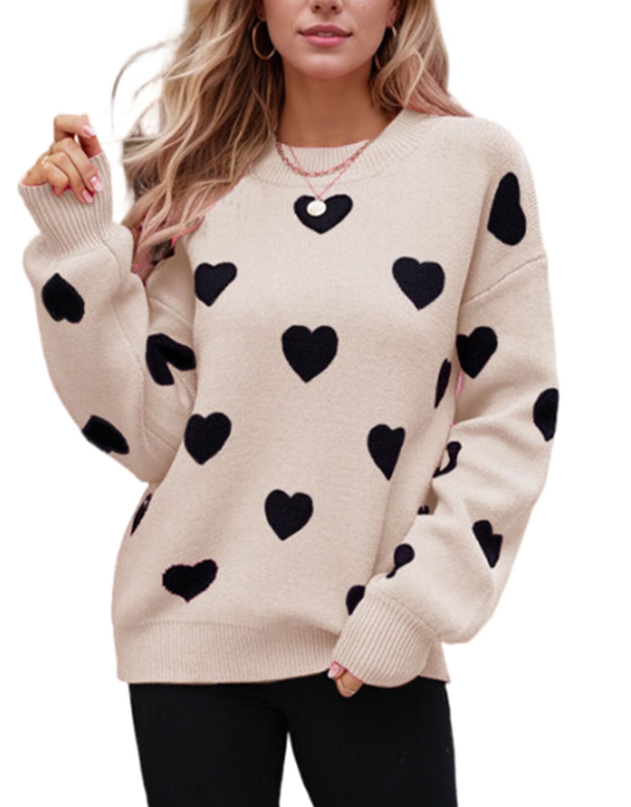 Women Sweaters Crewneck Cute Heart Valentine's Day Long Sleeve Knitted ...