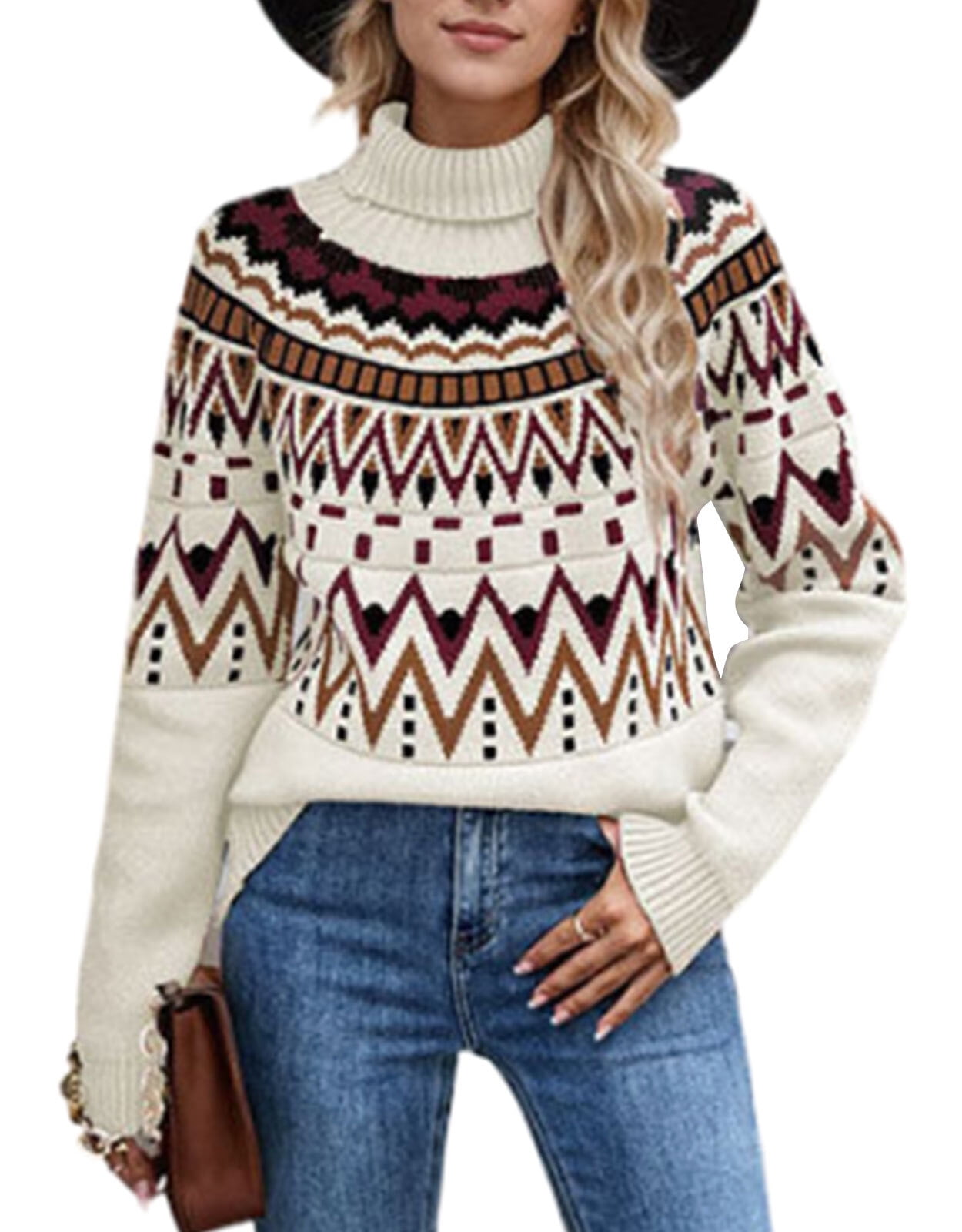 Women Sweaters Turtleneck Fair Isle Vintage Graphic Print Ribbed Knitted Long Sleeve Fall Winter ...