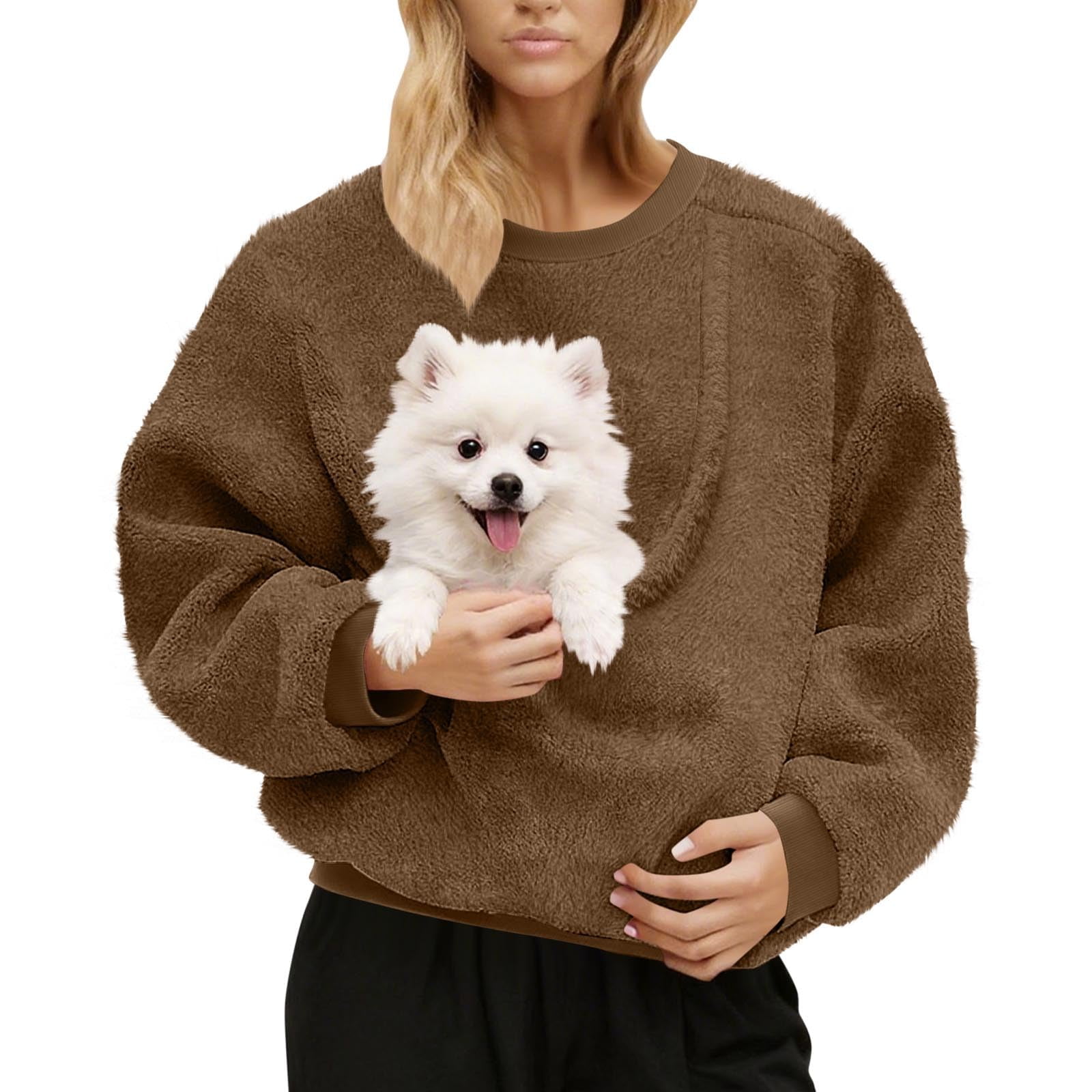 Women Sweatshirt With Dog Pouch Winter Fleece Pullover Sweatshirts With ...