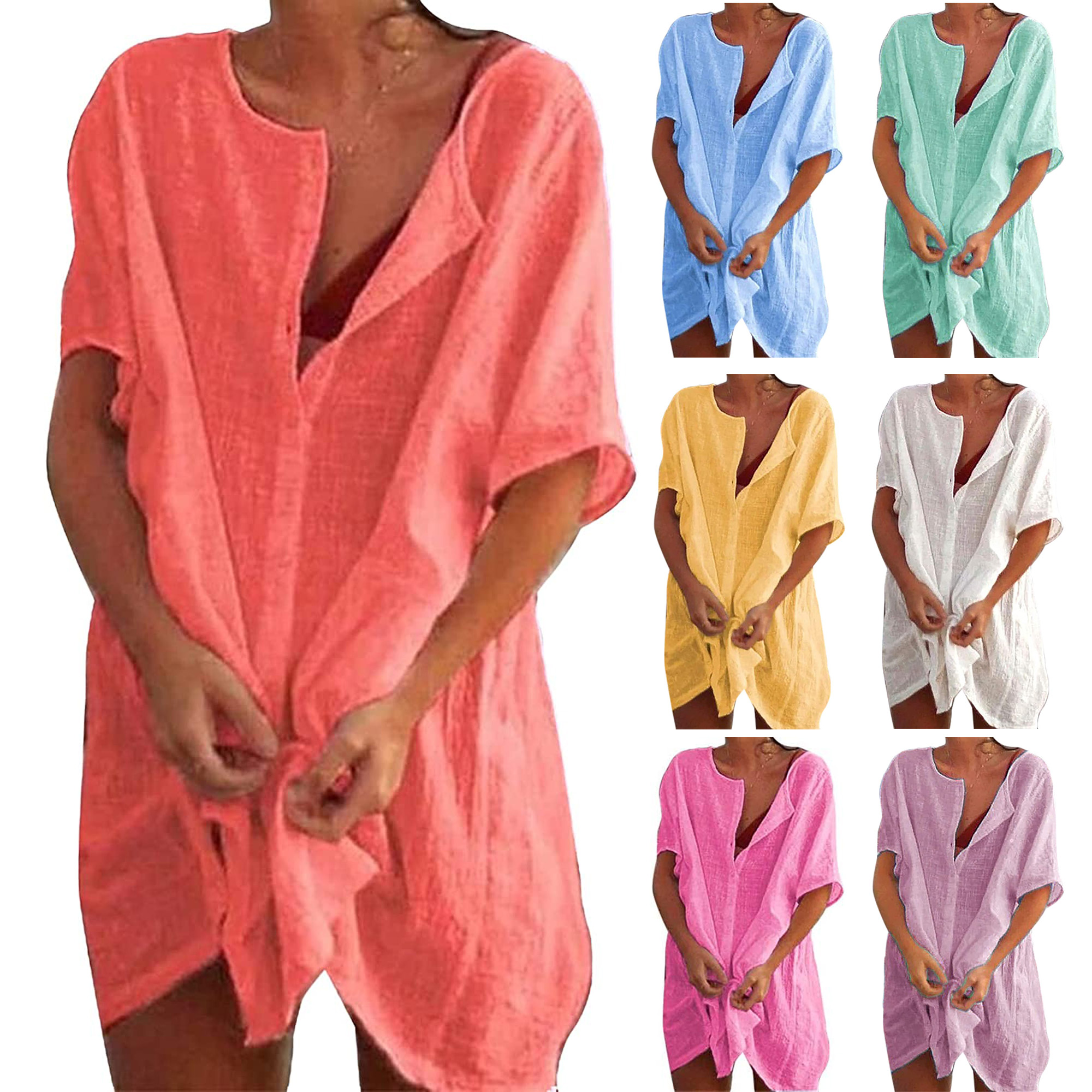 Women Swimsuit Cover Up Shirts Bikini Beachwea Round Neck Bathing Suit ...