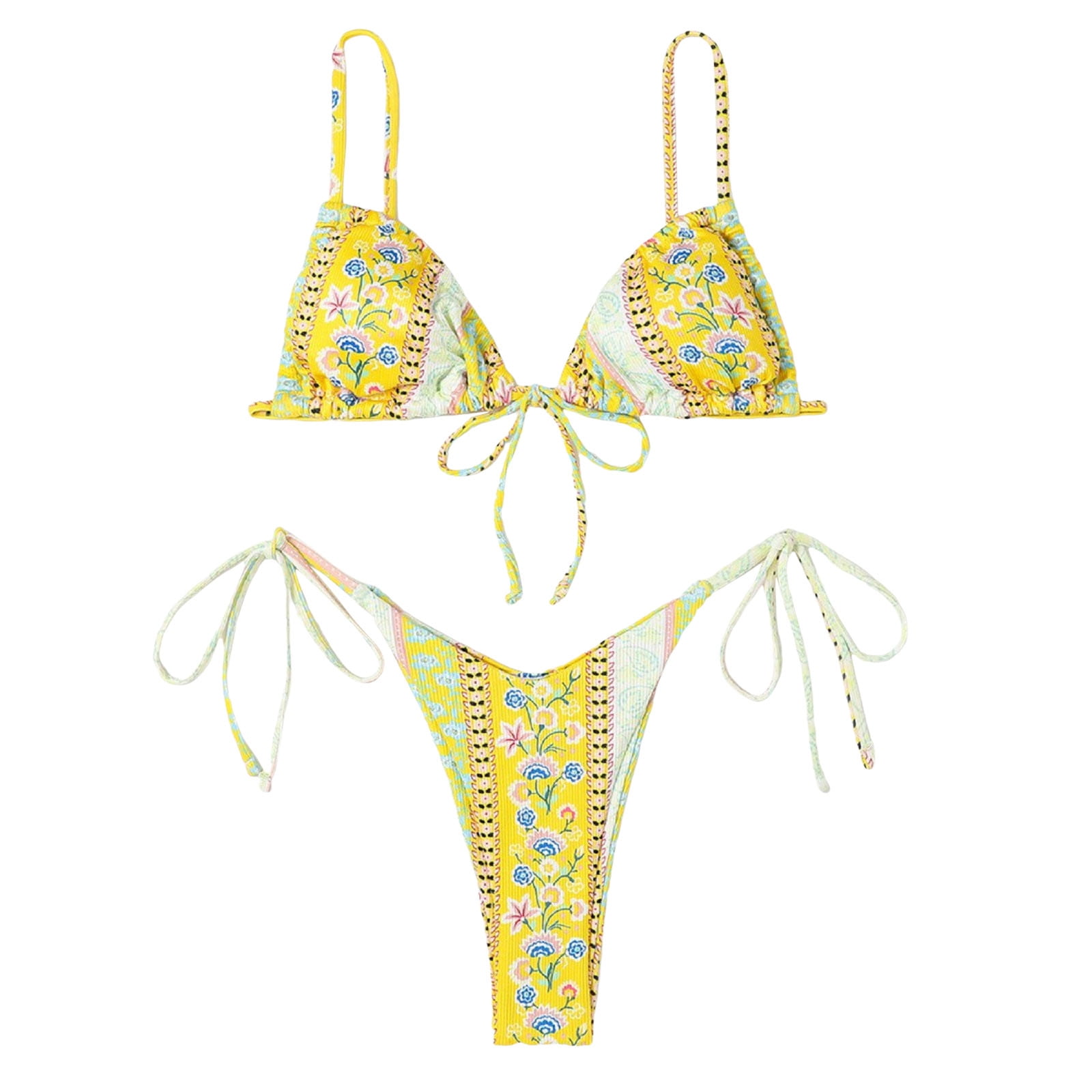 Women Swimsuits Color Floral Printing Micro Bikini Set High Waisted ...