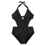Women Swimsuits Open Back Solid Color Bikini High Waisted Halter,Black ...