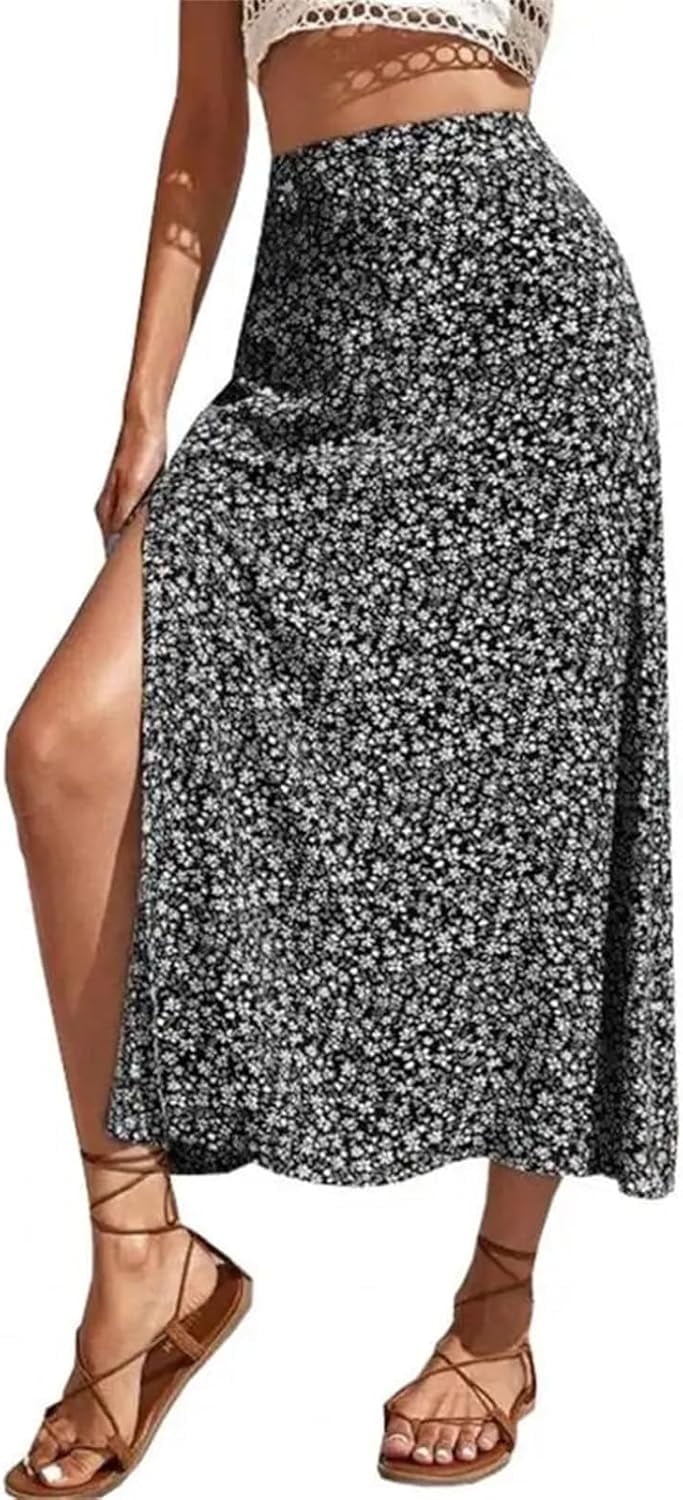 Women Swing High Split Floral Print Ladies Summer Skirt Midi Skirt ...
