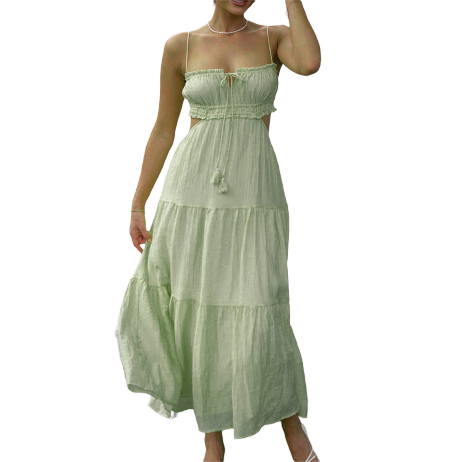 Women Swing Tiered Maxi Dress Sleeveless Spaghetti Strap Cut Out ...
