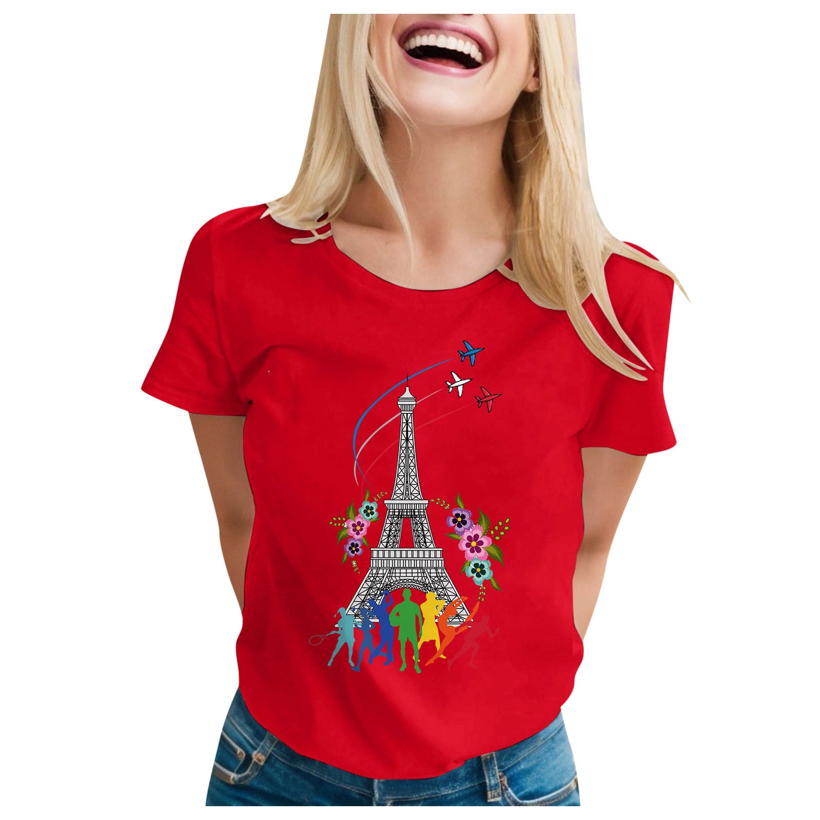 Womens T Shirt 2024 Print Short Sleeve Round Neck Loose Comfy Tops