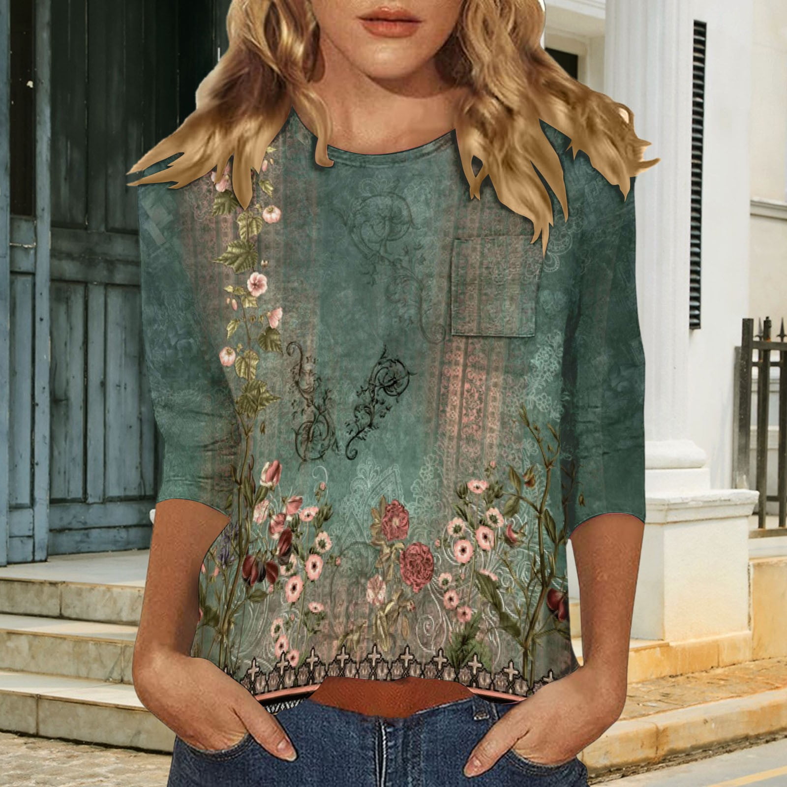 Women T Shirts 3/4 Length Sleeve Womens Tops Casual Loose Fit Crewneck ...