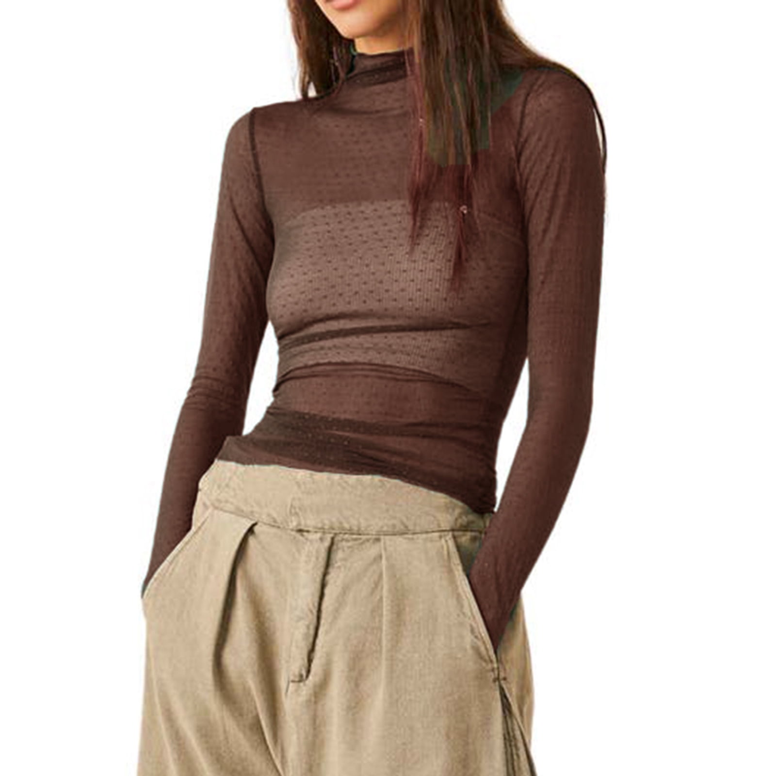 Women T-shirt, Long Sleeve Turtleneck Swiss Dots See-through Slim Fit ...