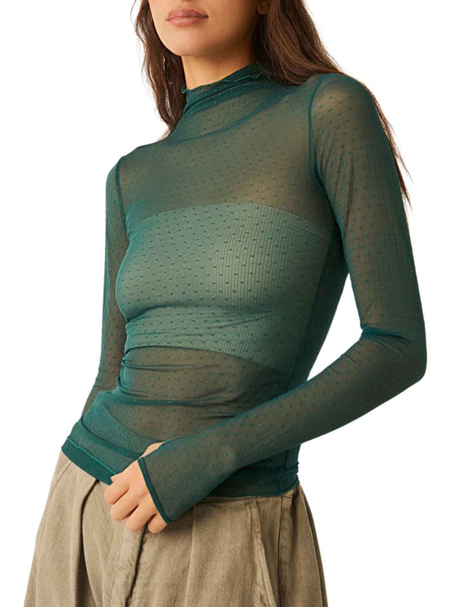 Shunvnny Women T-shirt, Long Sleeve Turtleneck Swiss Dots See-through Slim Fit Sheer Tops ...