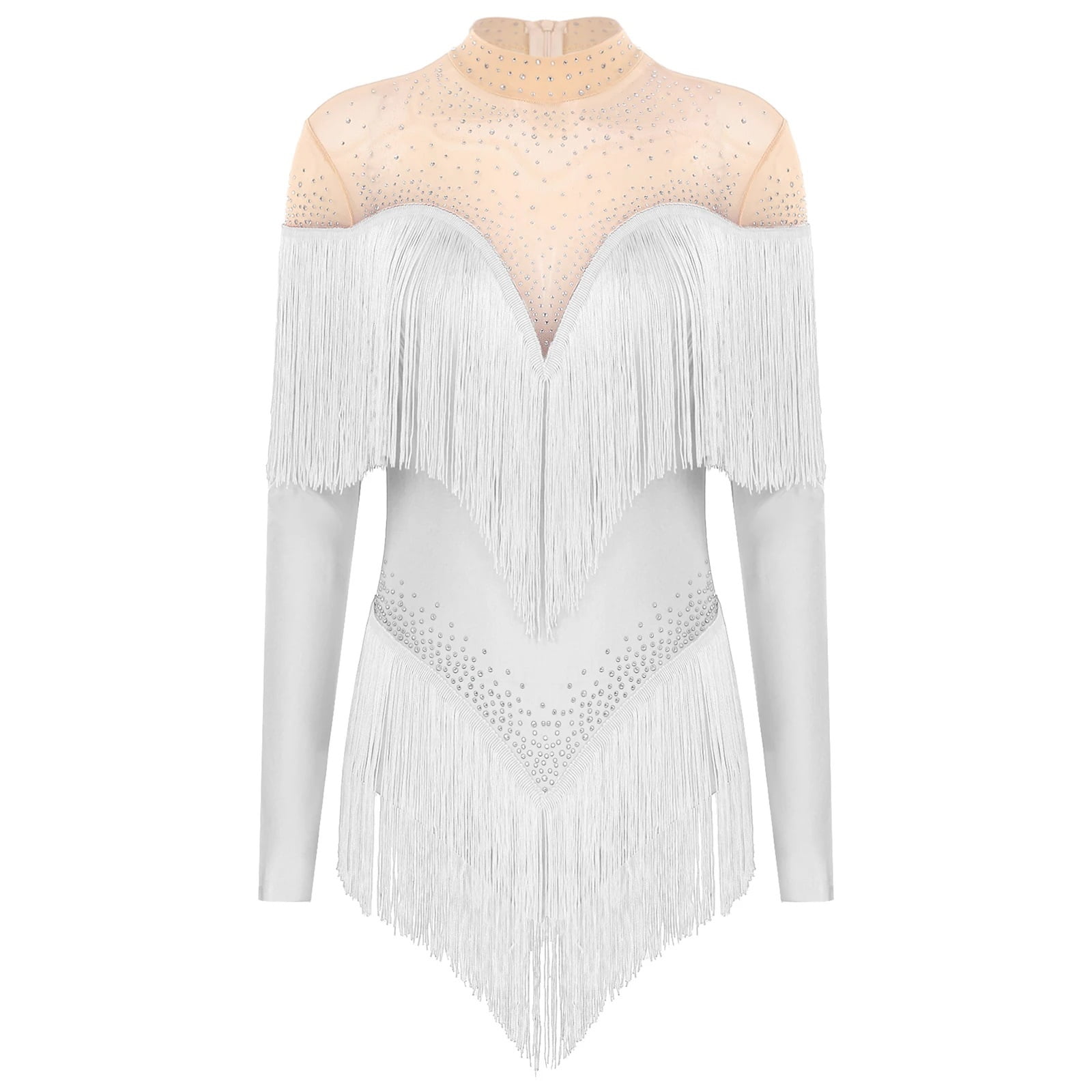 Women Tango Samba Dancewear Tassel Fringe Latin Dance Leotard Long Sleeve Bodysuit Competition ...