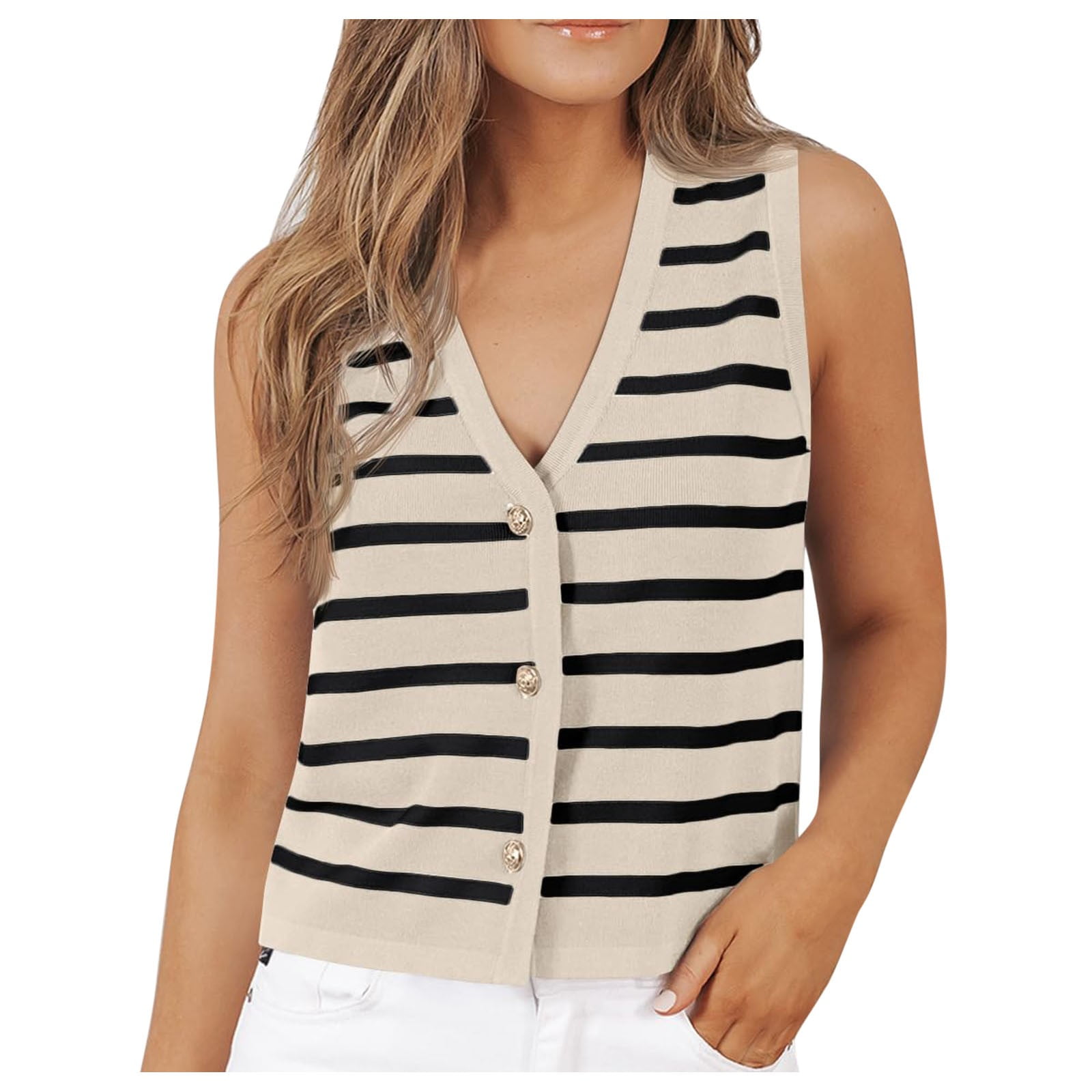 Women Tank Tops Striped Sleeveless Button Up Cardigan Sweater Vests ...