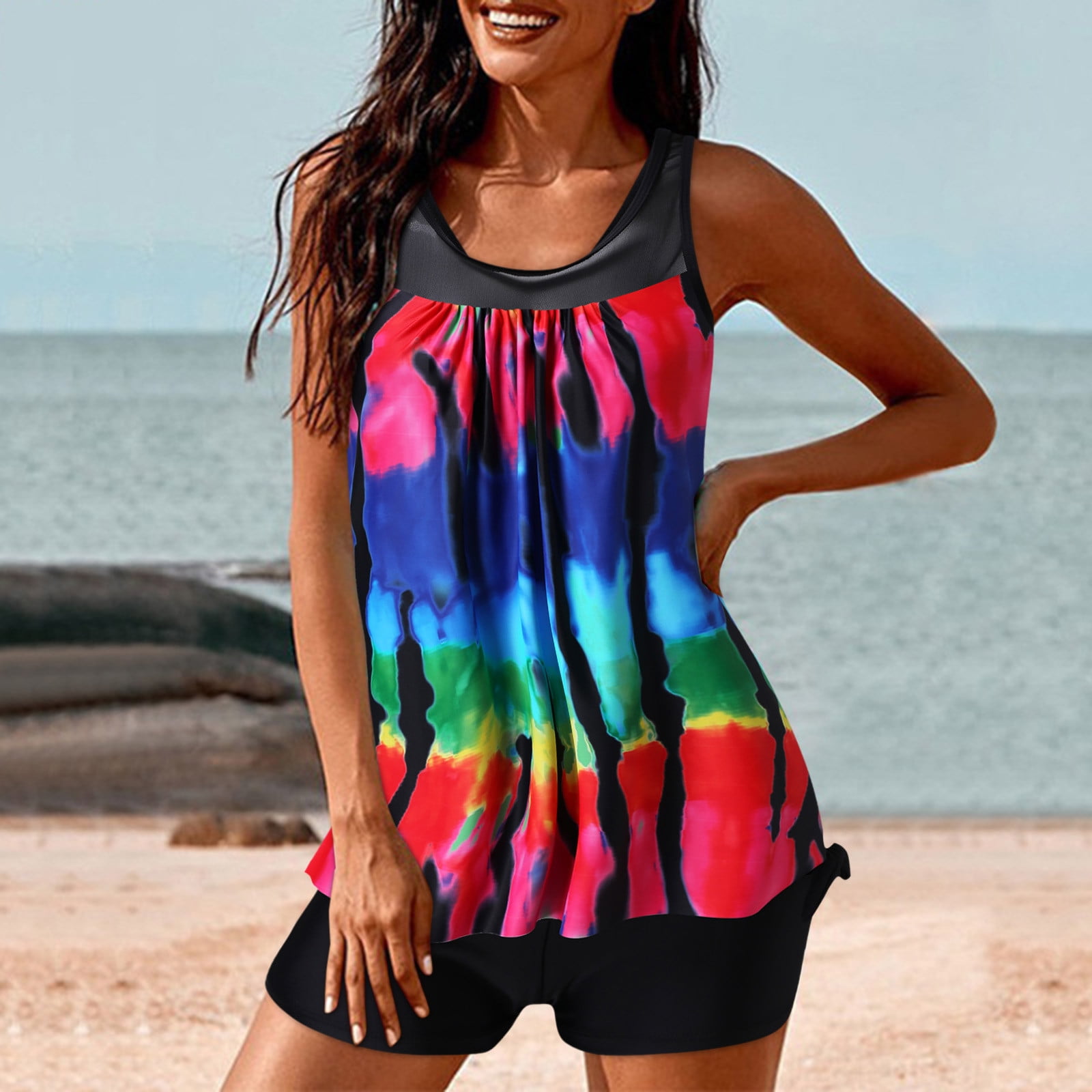 Women Tankini Swimsuits Two Piece Bathing Suits Blouson Swim Tank Top ...