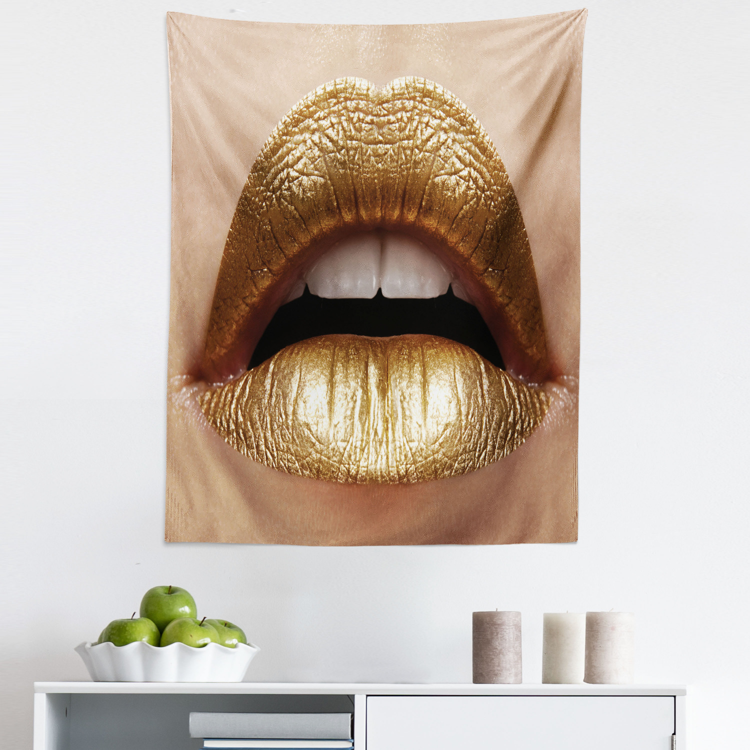 Women Tapestry, Macro Photo of Golden Yellow Color Lips Modern ...