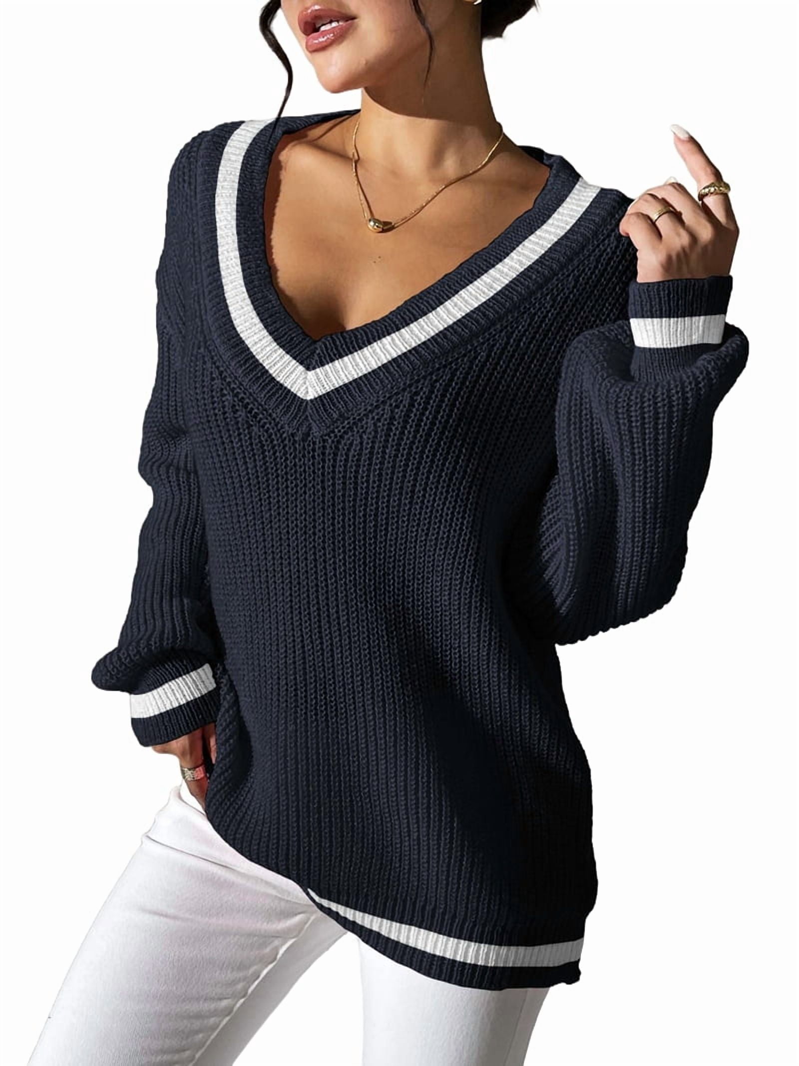 Women Teen Baggy Fashion Striped Long Sleeve Knit Tops Fall Winter ...