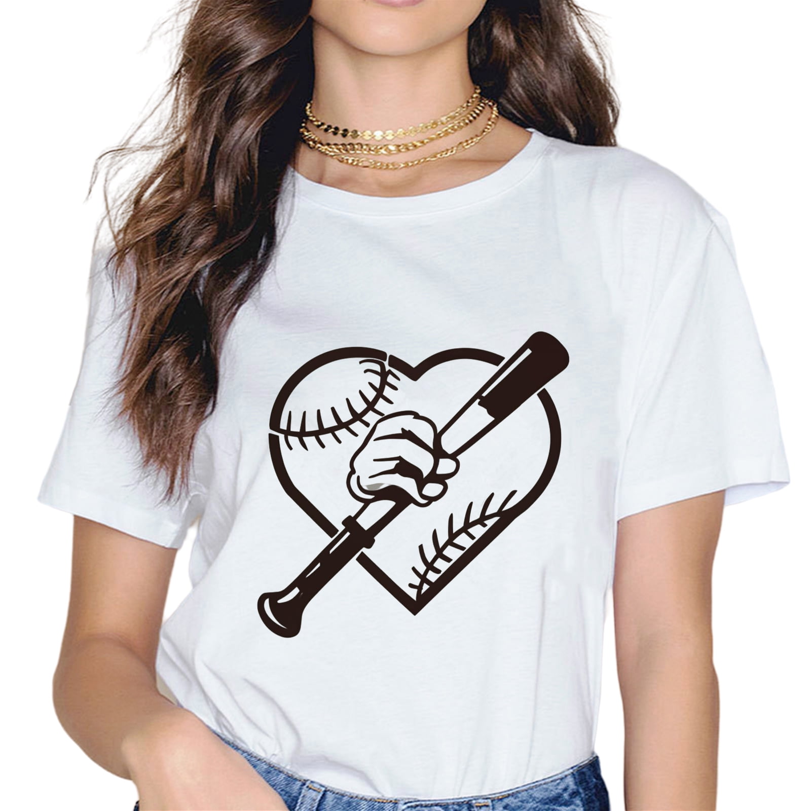 Women Teens Girls Cute Outlined Baseball Softball Heart Love T-Shirt ...