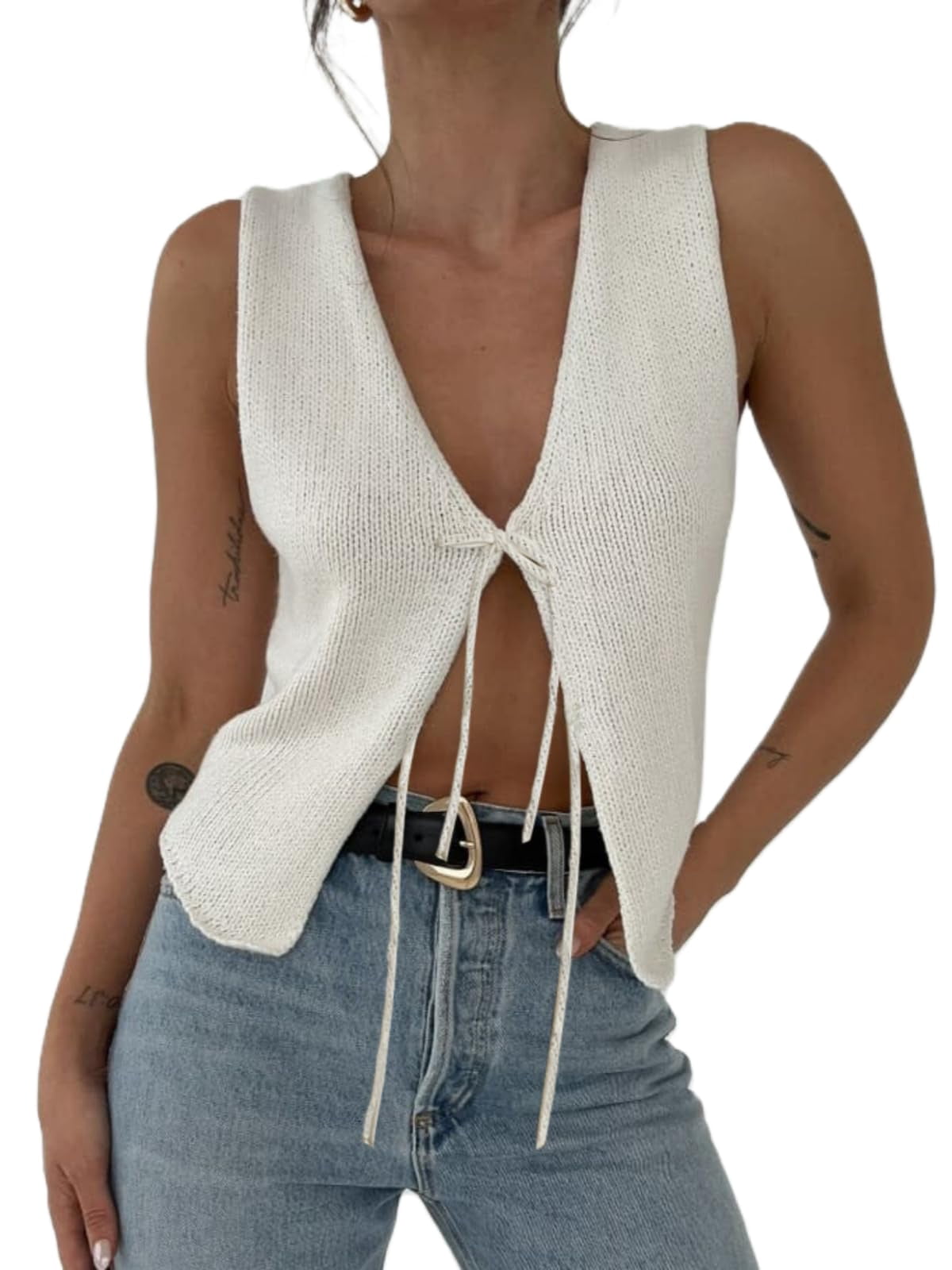 Women Tie Front Crochet Vest Top Y2k Knit V Neck Sleeveless Open Front ...