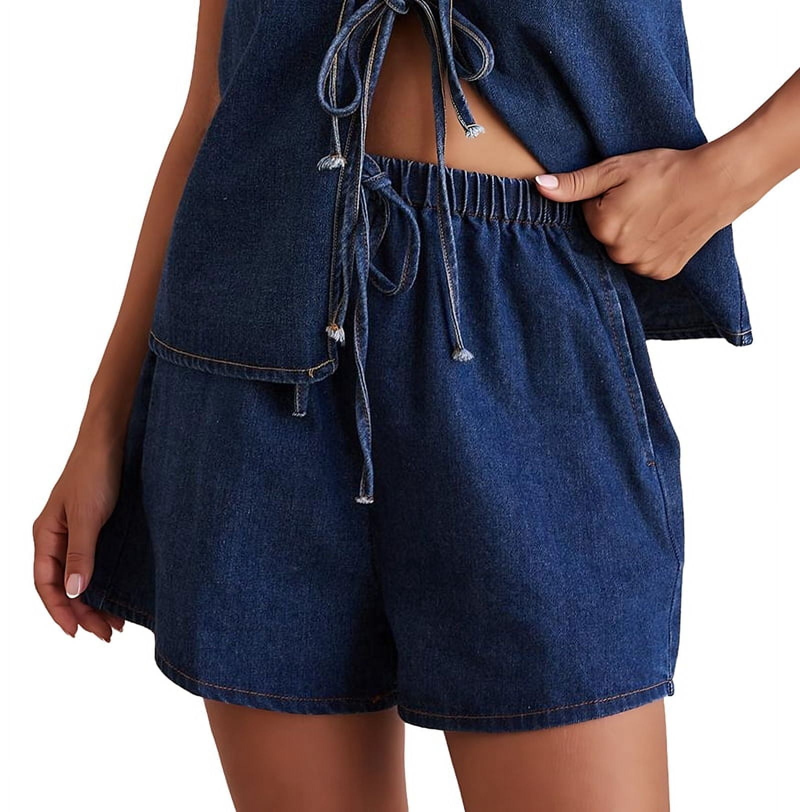 Women Tie Front Top 2 Piece Outfit Denim Set Sleeveless Deep V Neck ...