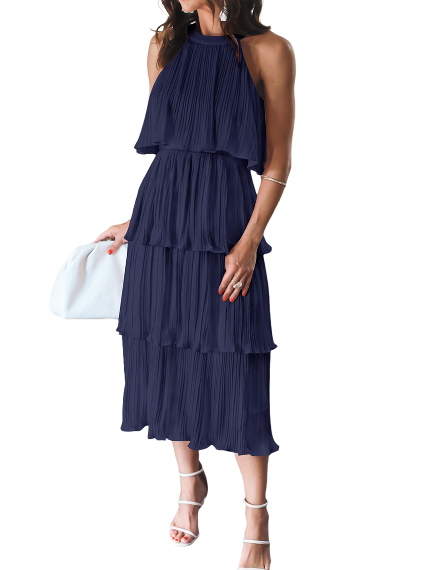 Women Tiered Halter Neck Sleeveless Ruffle Long Dress Layered Chiffon ...