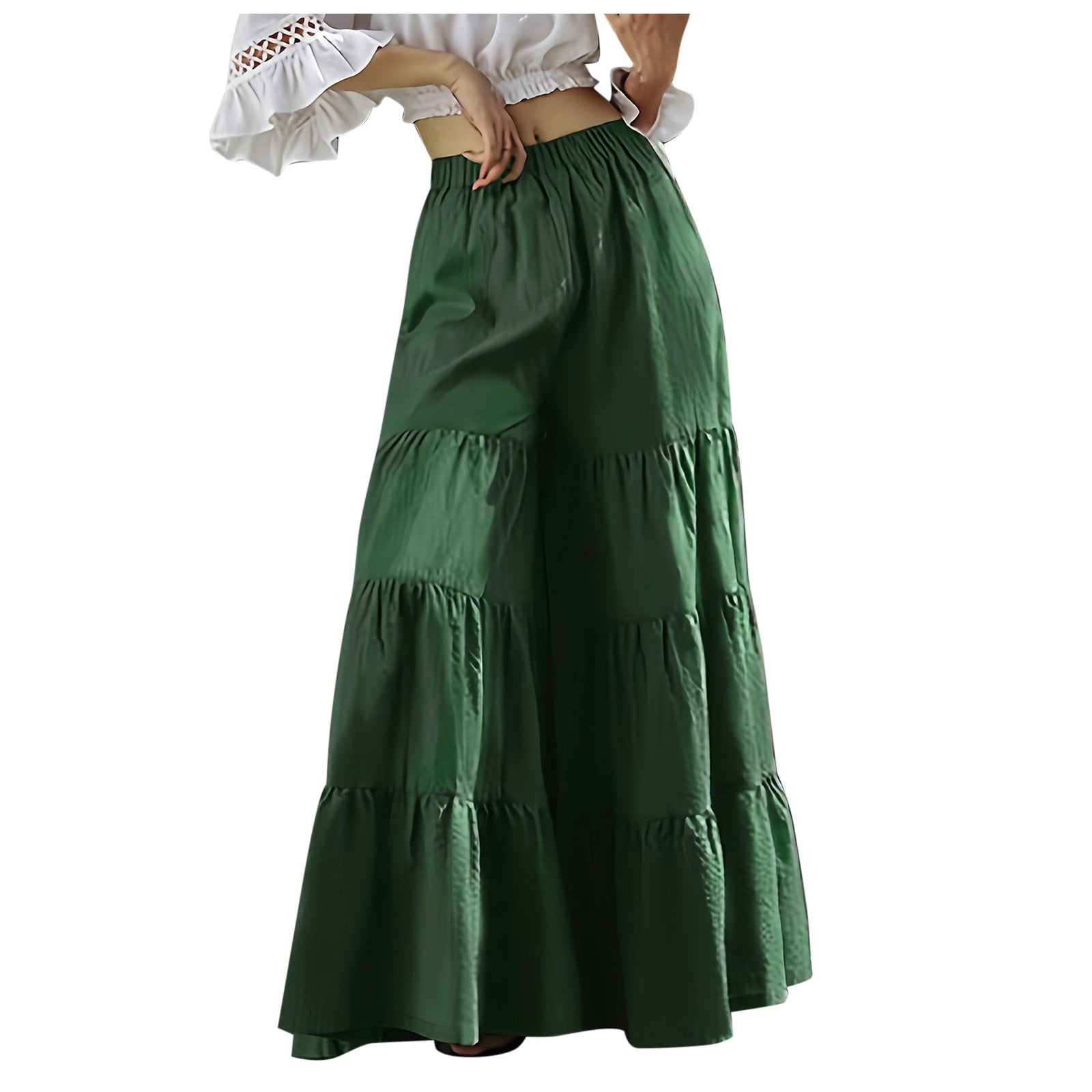 Women Tiered Ruffle Hem Pants Wide Leg Elastic Waist Flowy Boho Casual ...