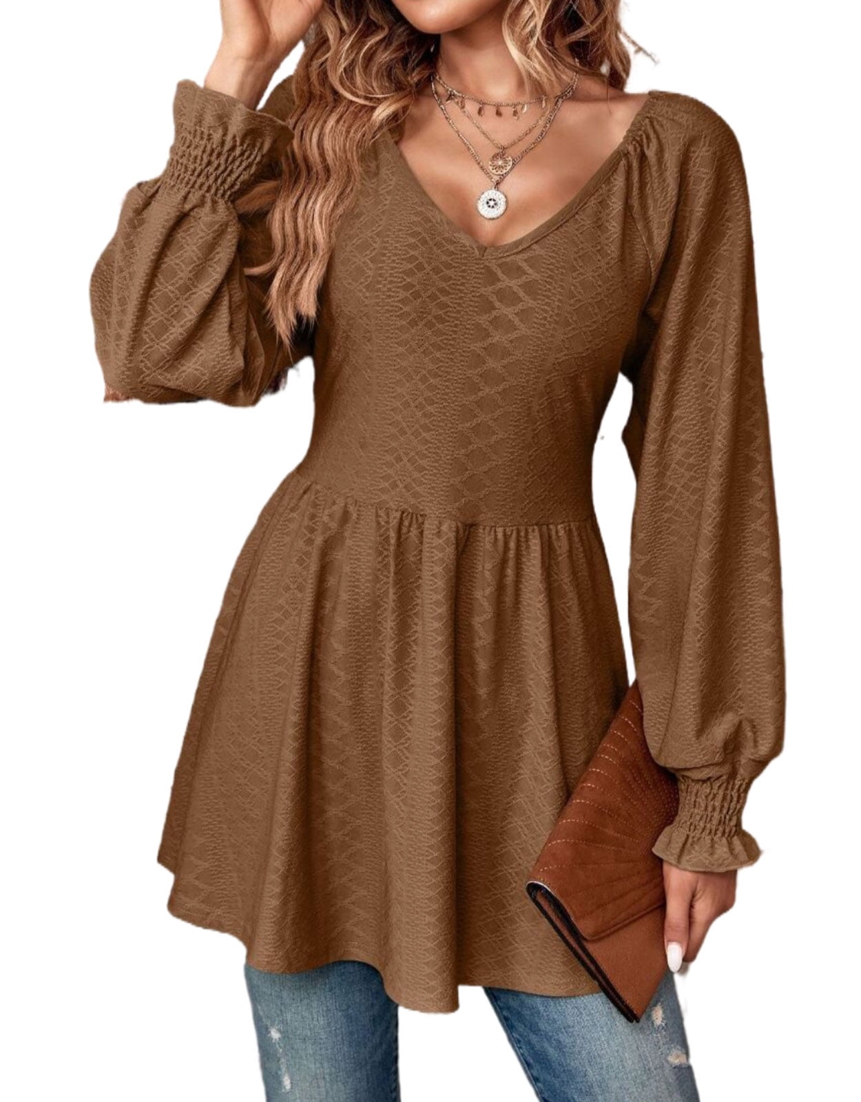 Women Top Babydoll Lady Blouse Elegant Top Slim Circle Hem V-neck ...