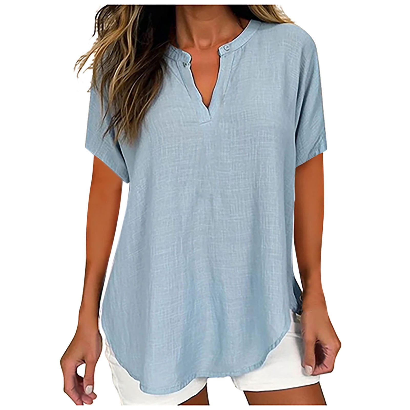 Women Tops, Casual Loose V Neck Short Sleeve Linen T Shirts, Plain ...