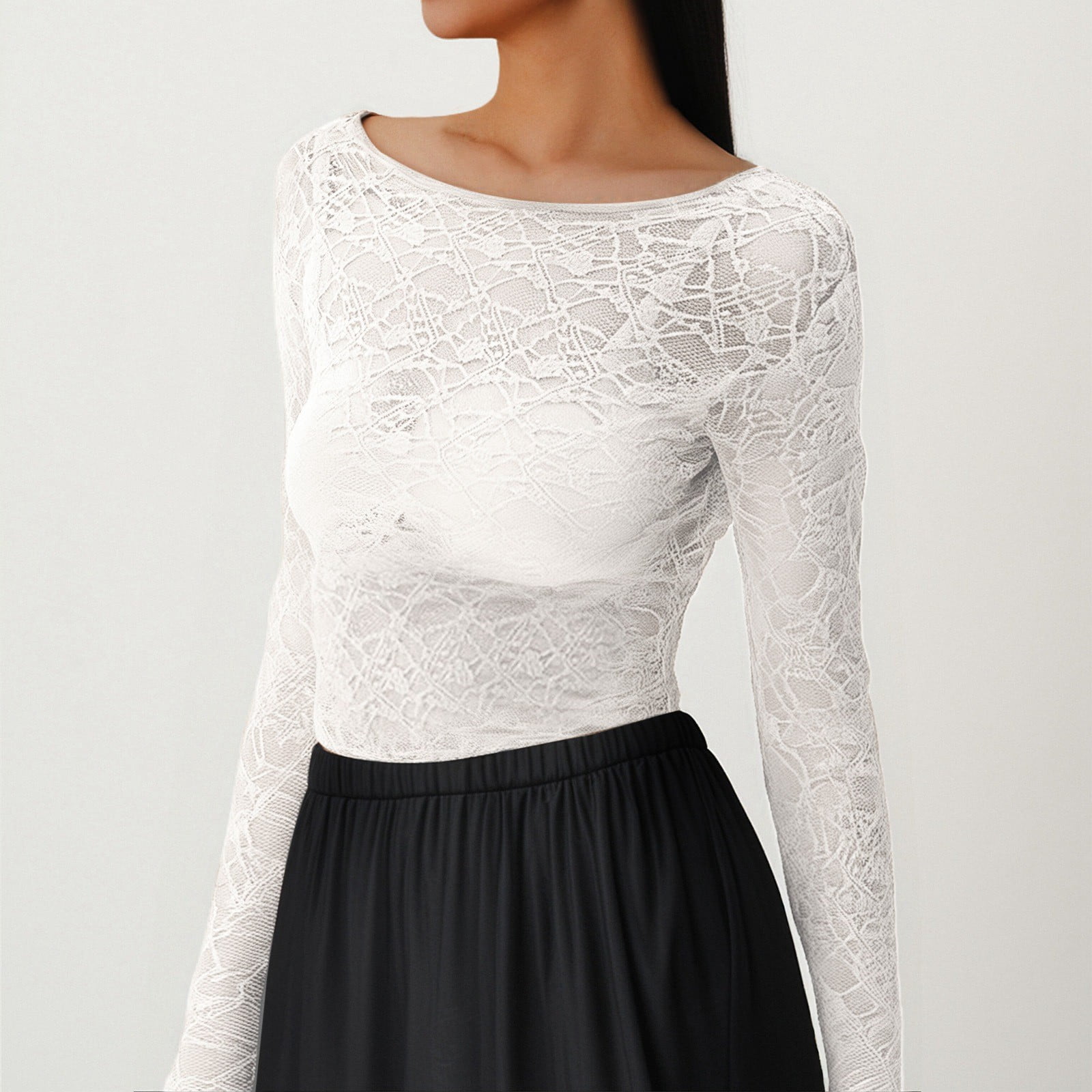 Women Tops Crew Neck Blouses New Lace Long Sleeve Sexy Transparent ...