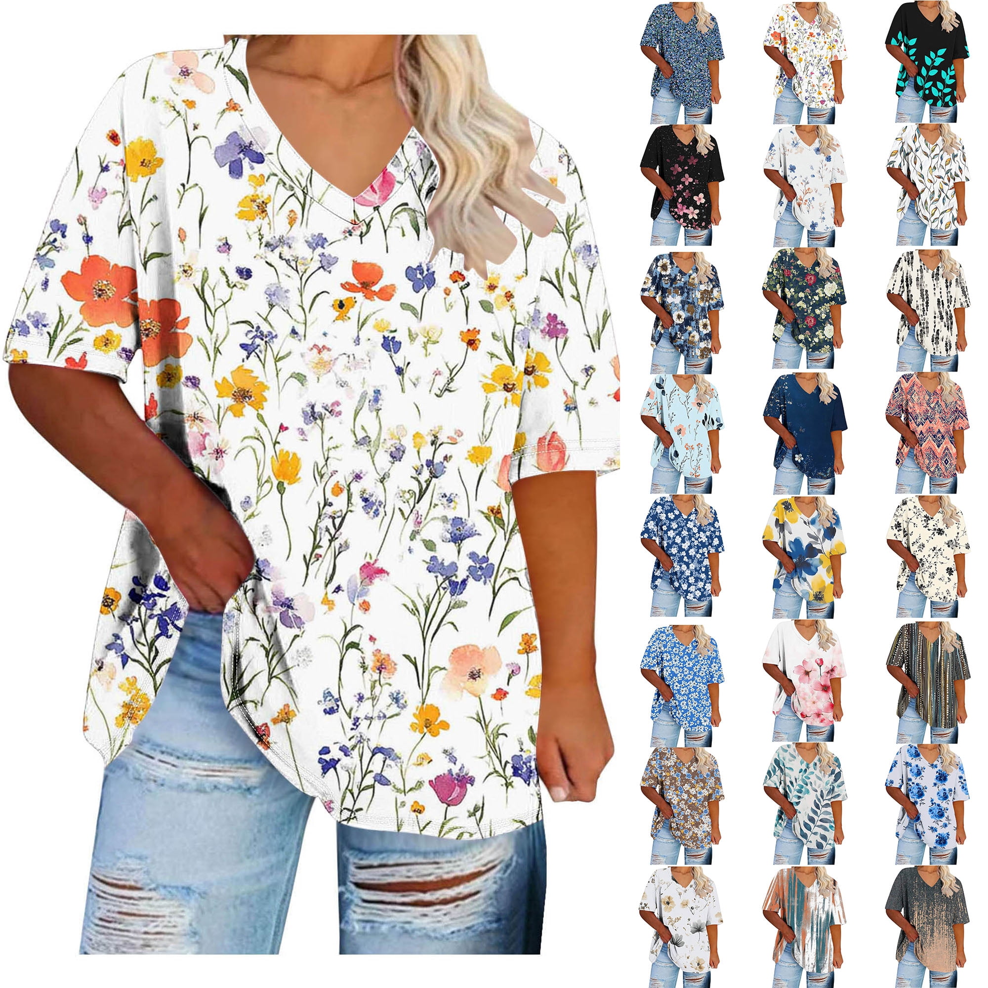 Women Tops Trendy Sawvnm Women's Plus-Size V-Neck Short Sleeved ...