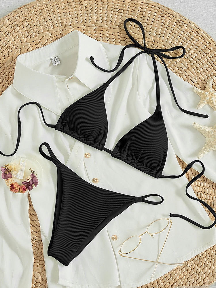 Women Triangle Halter Bikini Set High Cut String Thong Bathing Suit