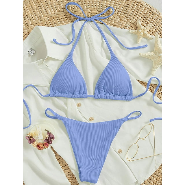 Women Triangle Halter Bikini Set High Cut String Thong Bathing Suit ...