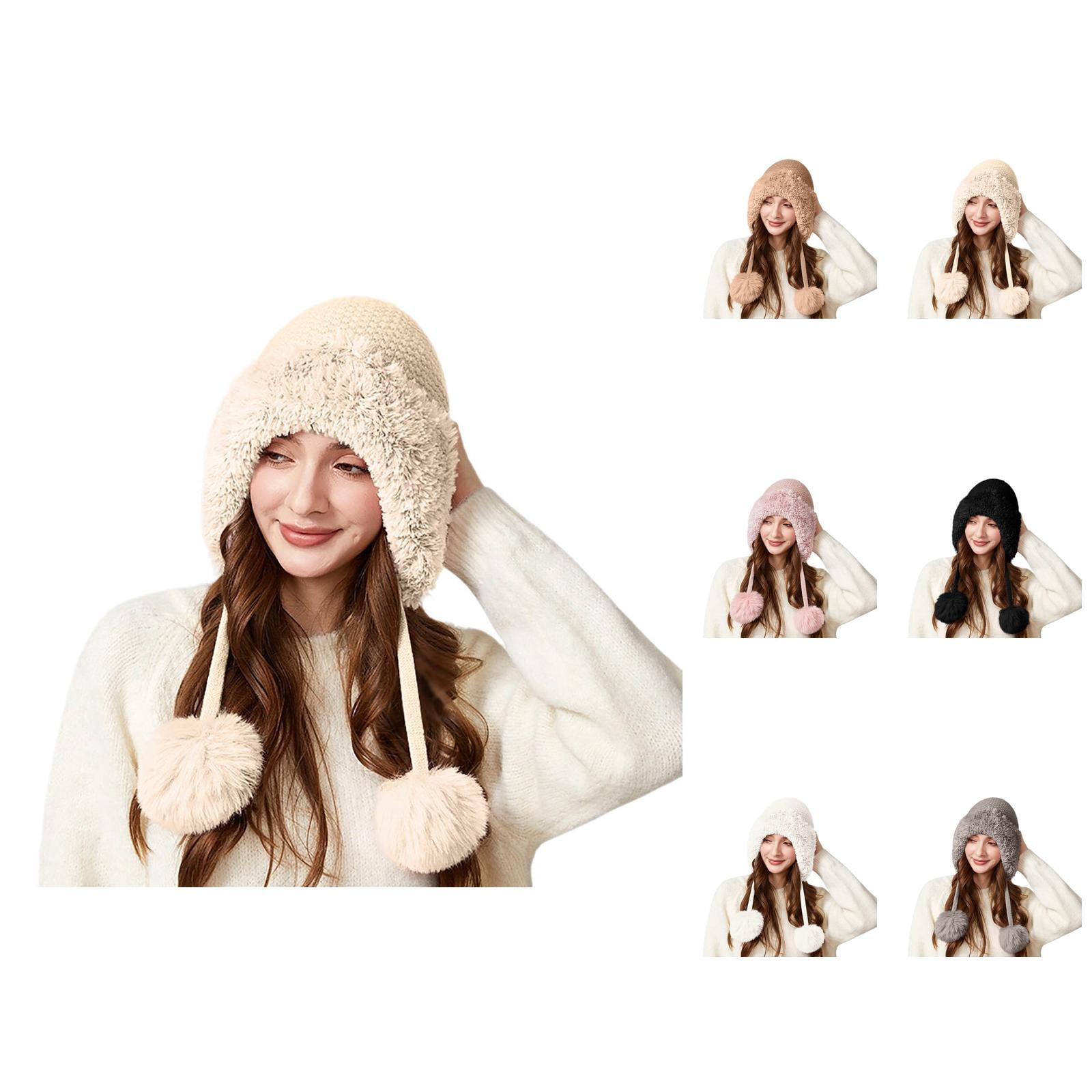 Women Triple Pom Pom Beanie - Plush Thick Knit Hat With Ear Flaps, Cute ...