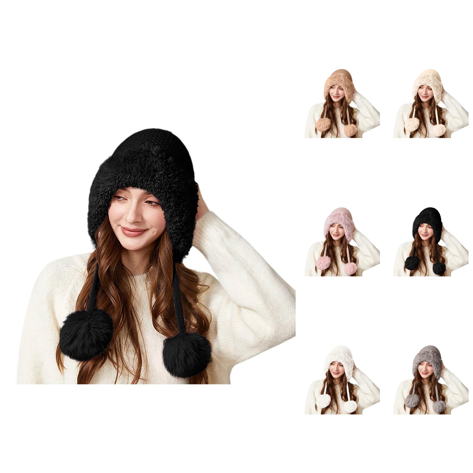 Women Triple Pom Pom Beanie - Plush Thick Knit Hat With Ear Flaps, Cute ...