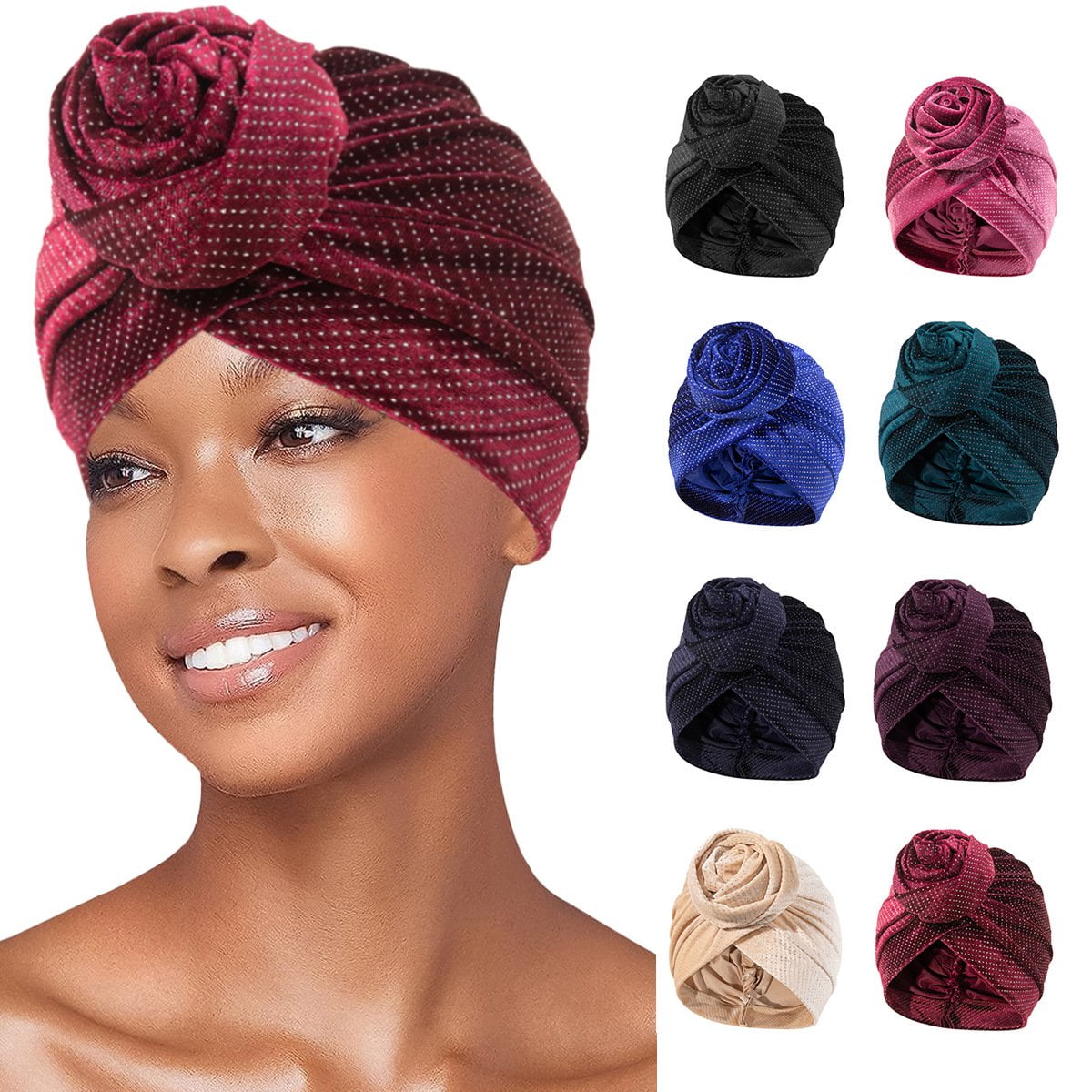 Women Turban Velvet Headwrap Printed Pre-Tied Flower Knot Bonnet Hat ...