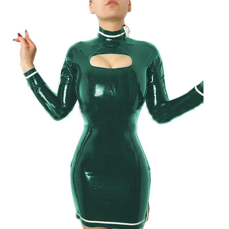 Women Turtleneck PVC mini dress Casual Slim Bodycon Dress with White ...