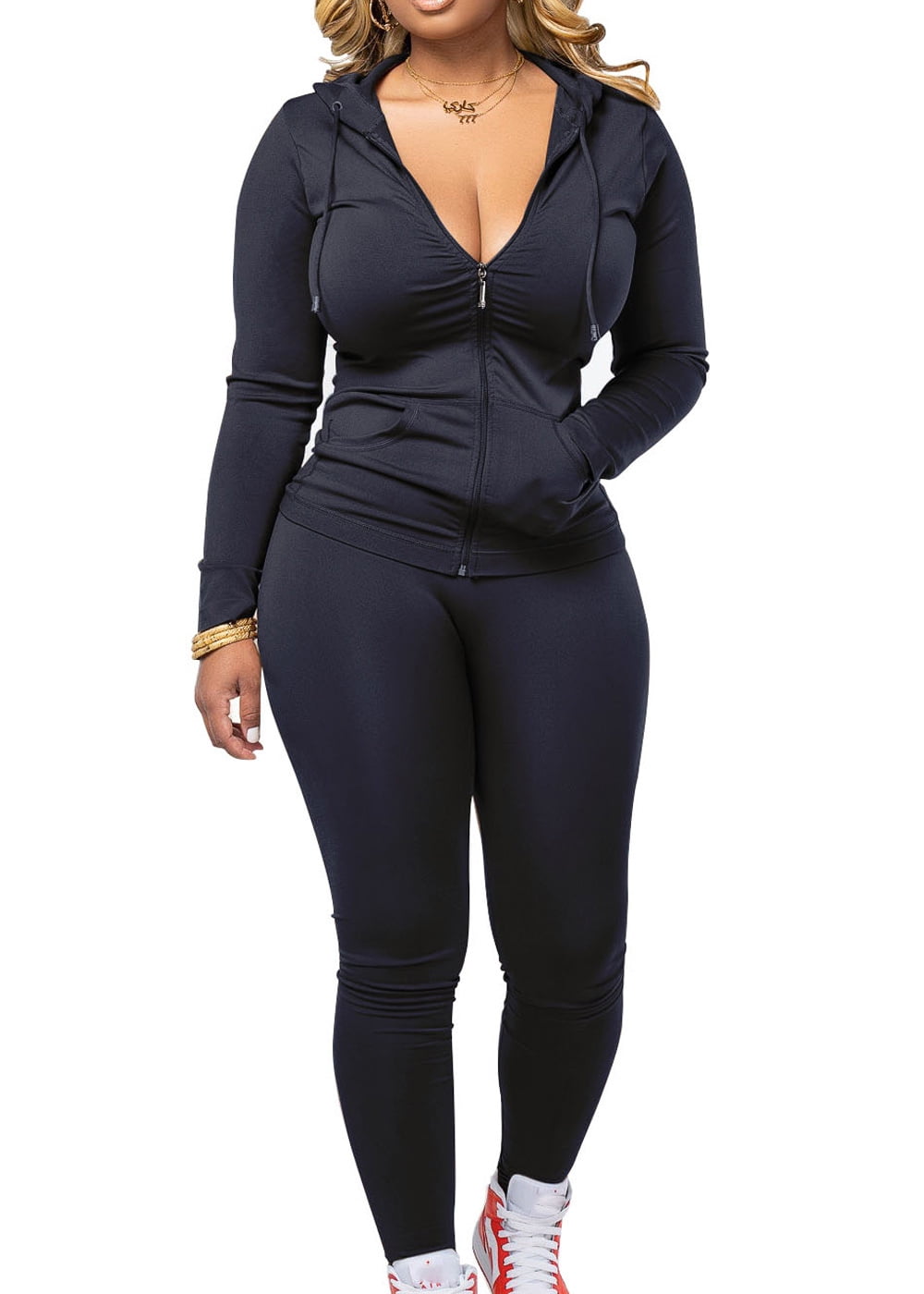 Women Two Piece Outfits Workout Sets Bodycon Tracksuit Long Sleeve Zip ...
