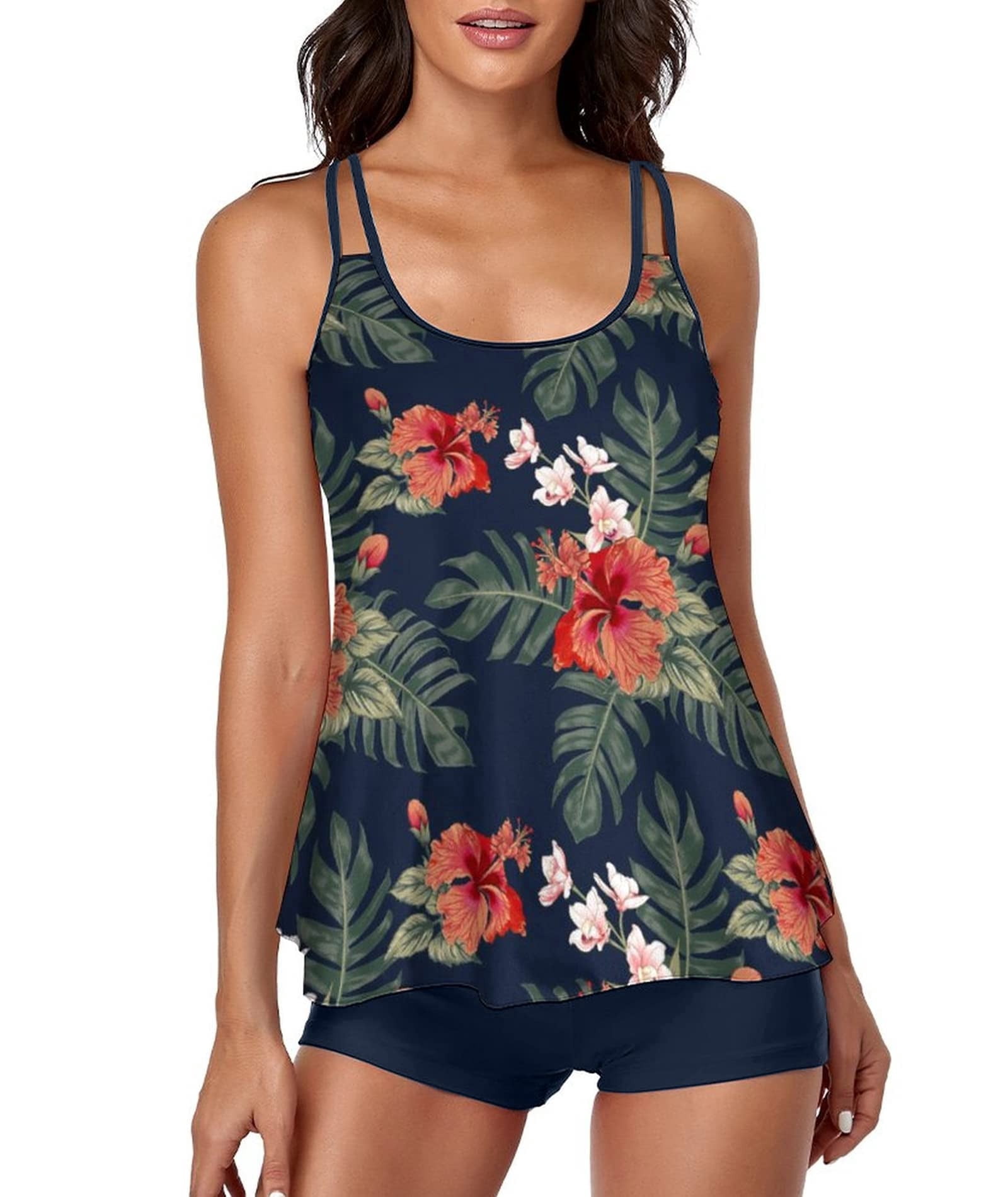 Women Two Piece Tankini Swimsuit Tummy Control Long Torso Top and High ...