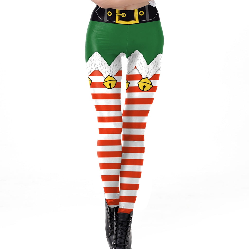 Women Ugly Christmas Fake Elf Shorts Print Leggings Funny Belt Striped ...