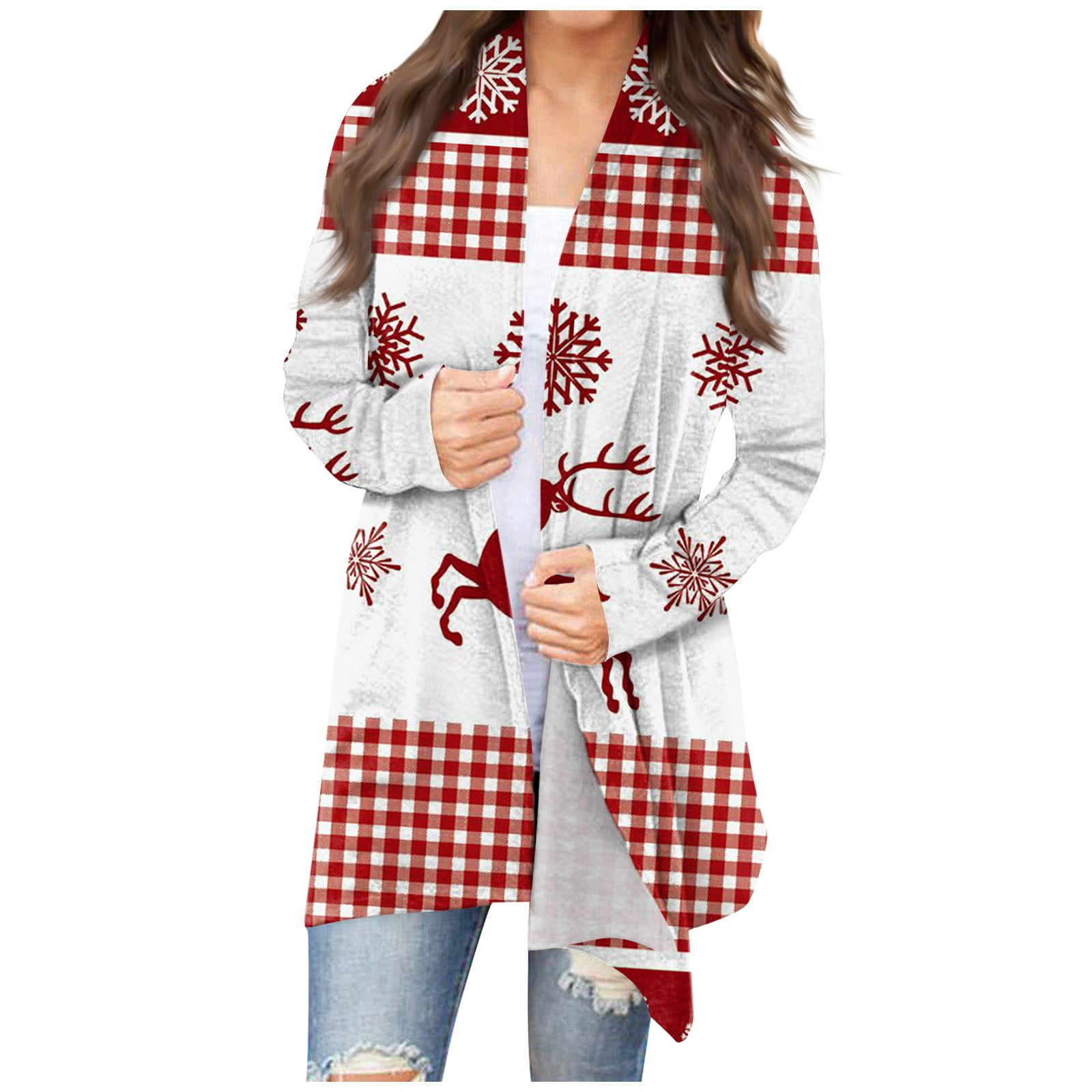 Women Ugly Christmas Sweater Cardigan Xmas Tree Red Plaid Printed ...