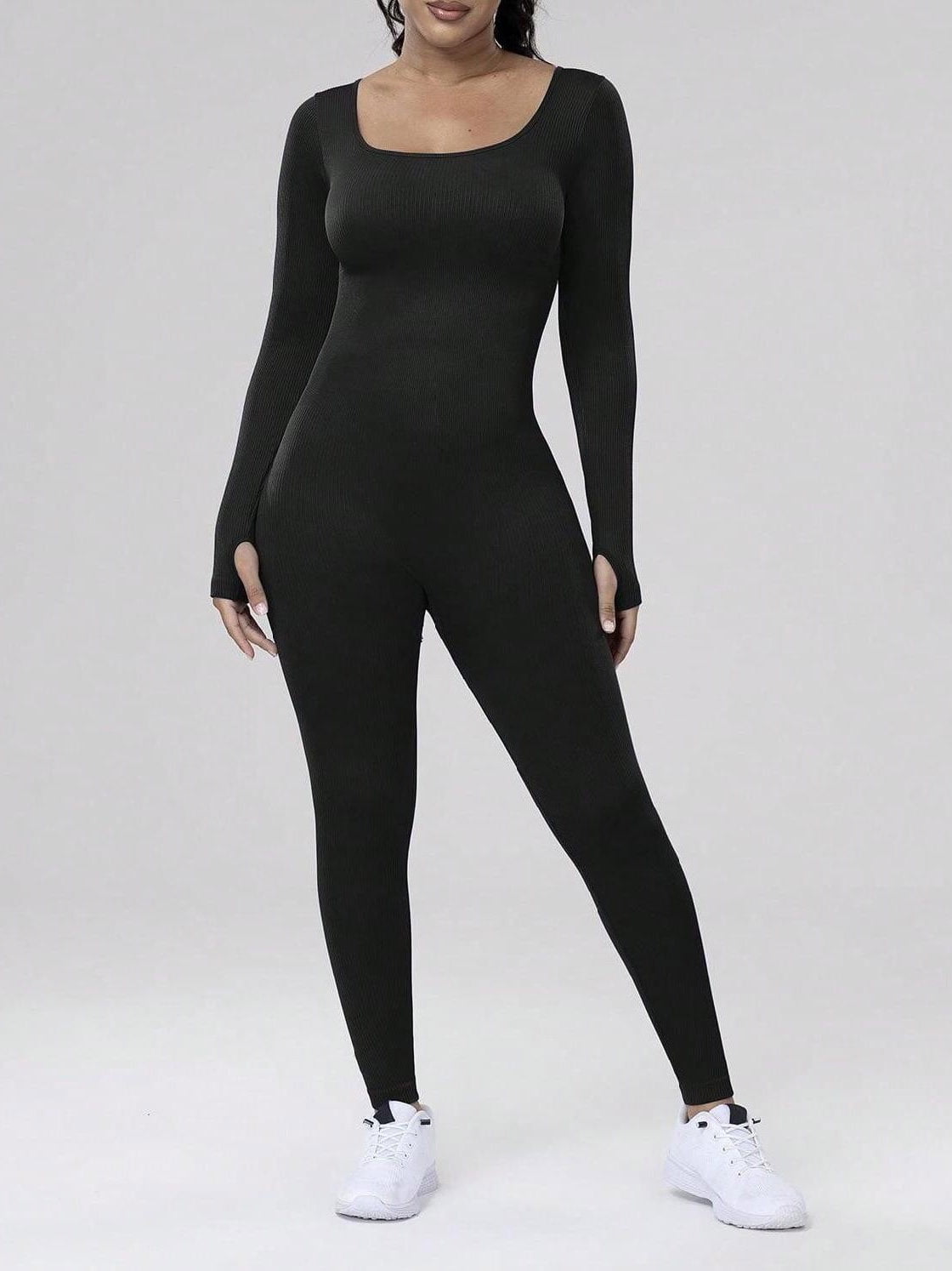 Women Unitards Long Sleeve Square Neck Solid Long Medium Stretch Black ...