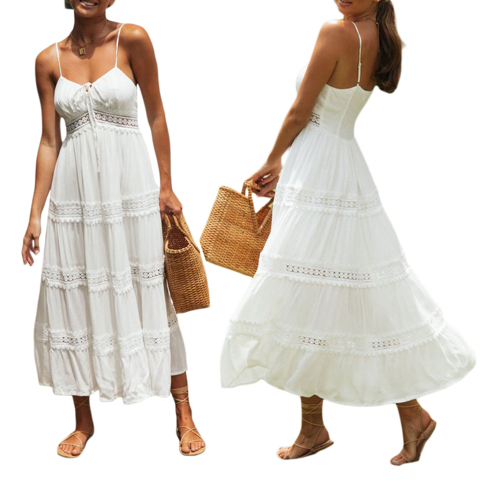 Women V Neck Crochet Long Dress Spaghetti Strap Lace Embroidery Maxi ...