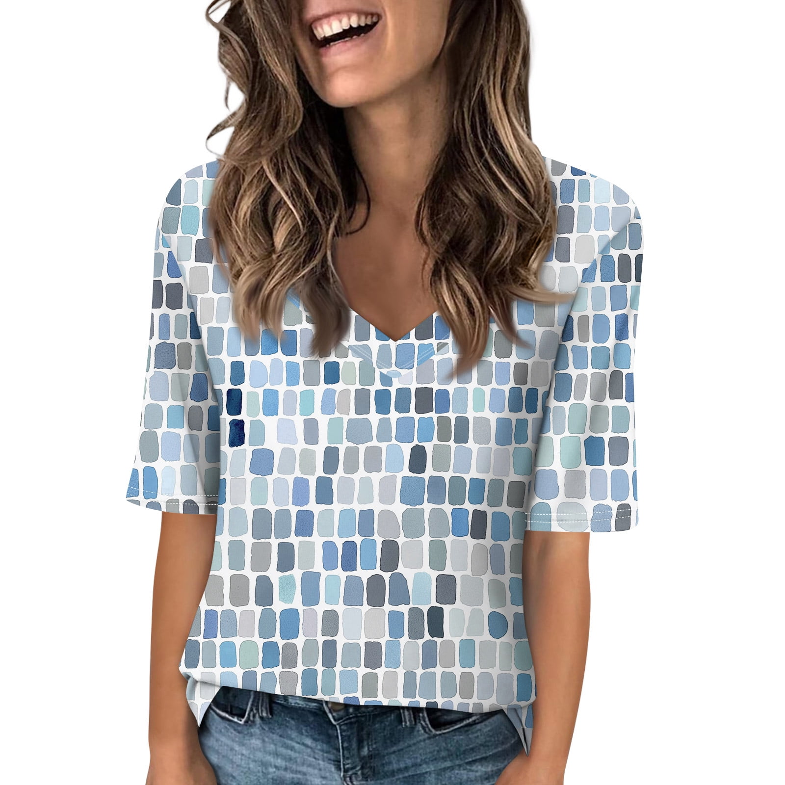 Women V Neck Half Sleeve T Shirts Dressy Casual Elbow Length Spring ...
