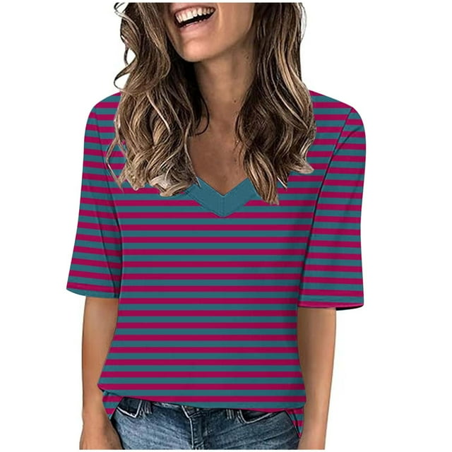 Women V Neck Half Sleeve Tshirts Striped Tunic Tops Summer Loose Elbow Length Tees Business ...