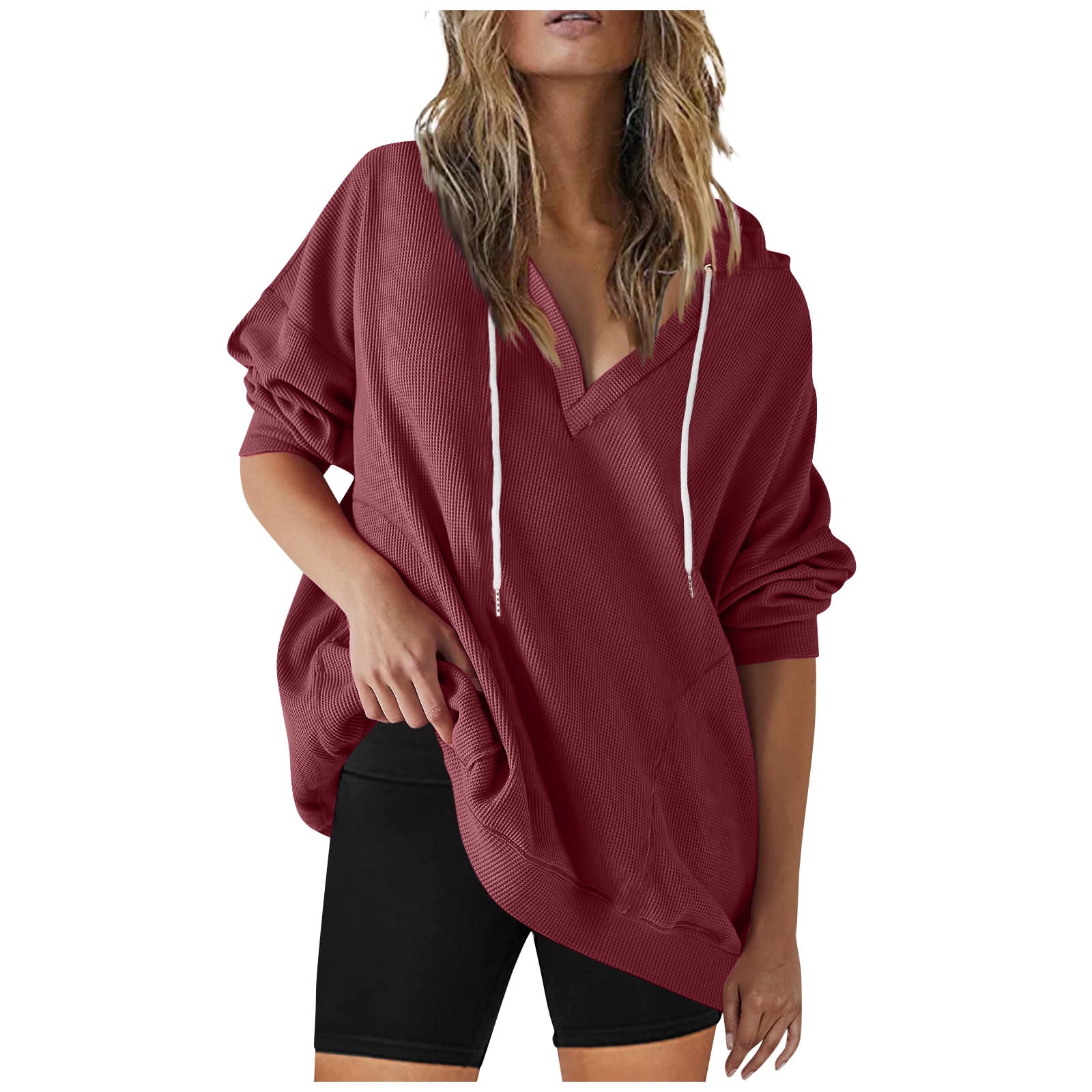 Women V Neck Hoodies Solid Loose Fit Hooded Blouses Casual Long Sleeve ...