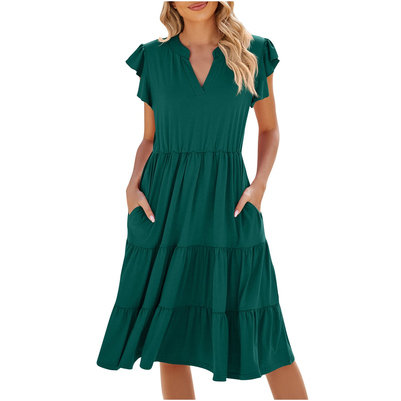 Women V Neck Sundress Beach Vacation Dress Summer Flutter Sleeve ...