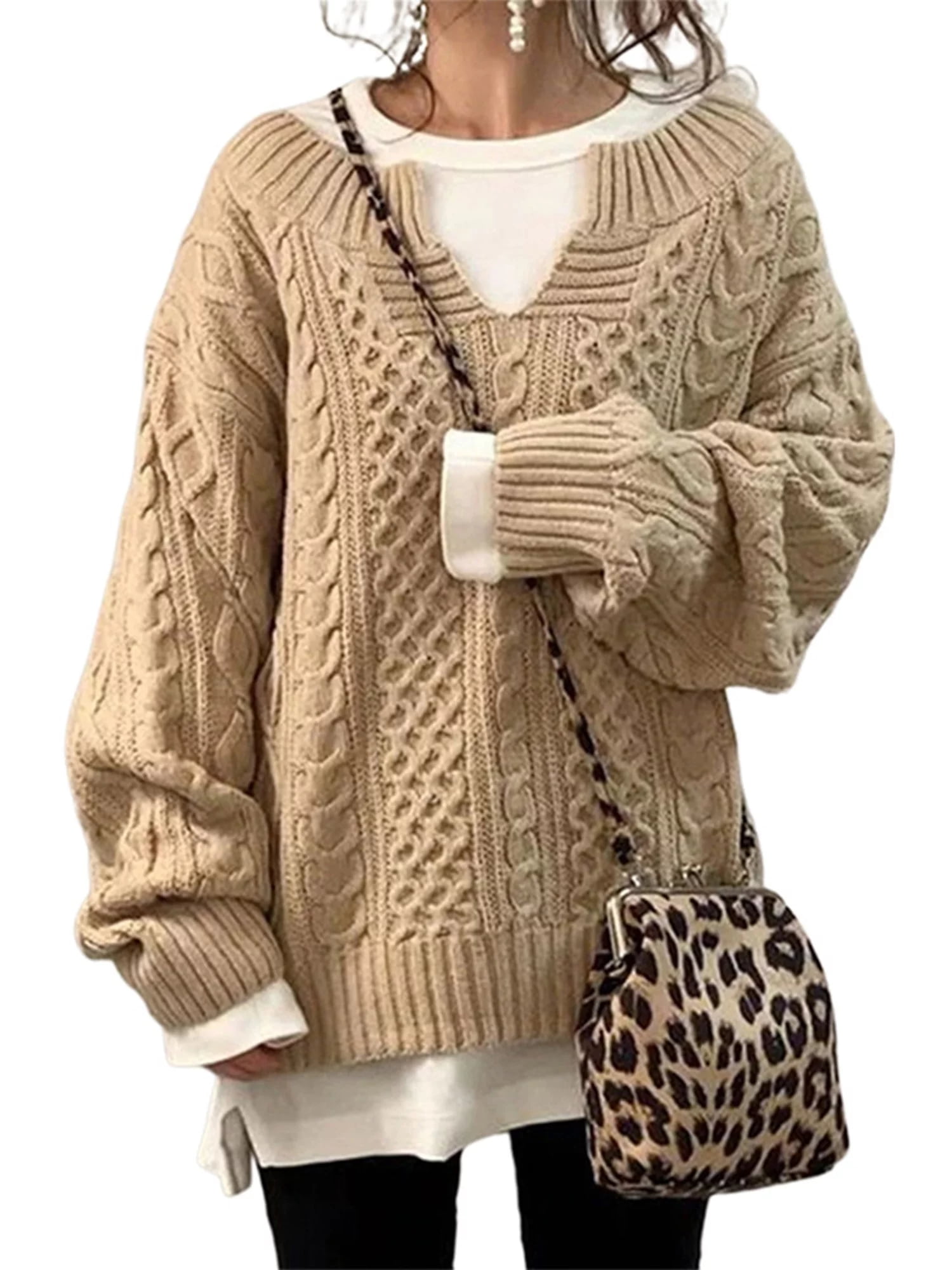 Women V Neck Sweater Oversized Long Sleeve Cable Knit Pullover Chunky ...