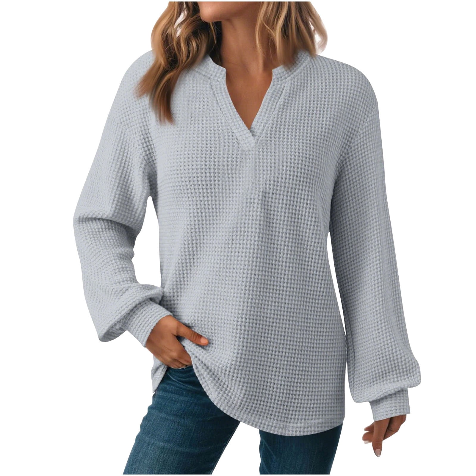 Women V Neck Waffle Knit Tops Long Sleeve Shirt Fall Fashion 2025 ...
