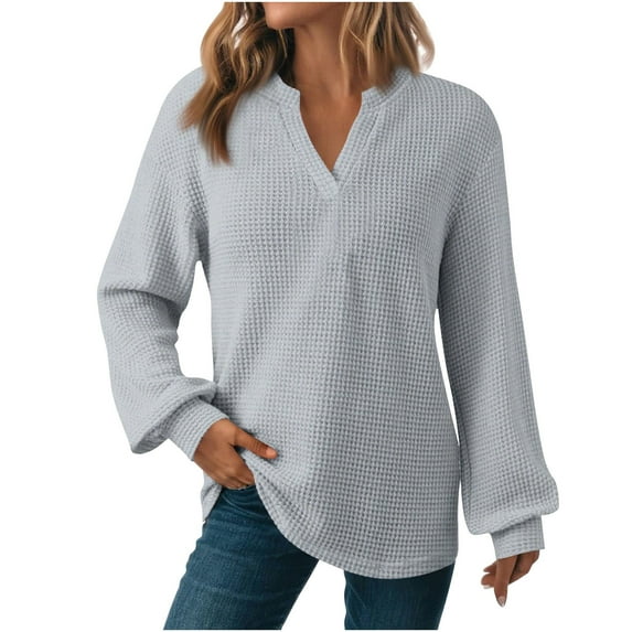 Women V Neck Waffle Knit Tops Long Sleeve Shirt Fall Fashion 2025 Dressy Casual Loose Tunic ...