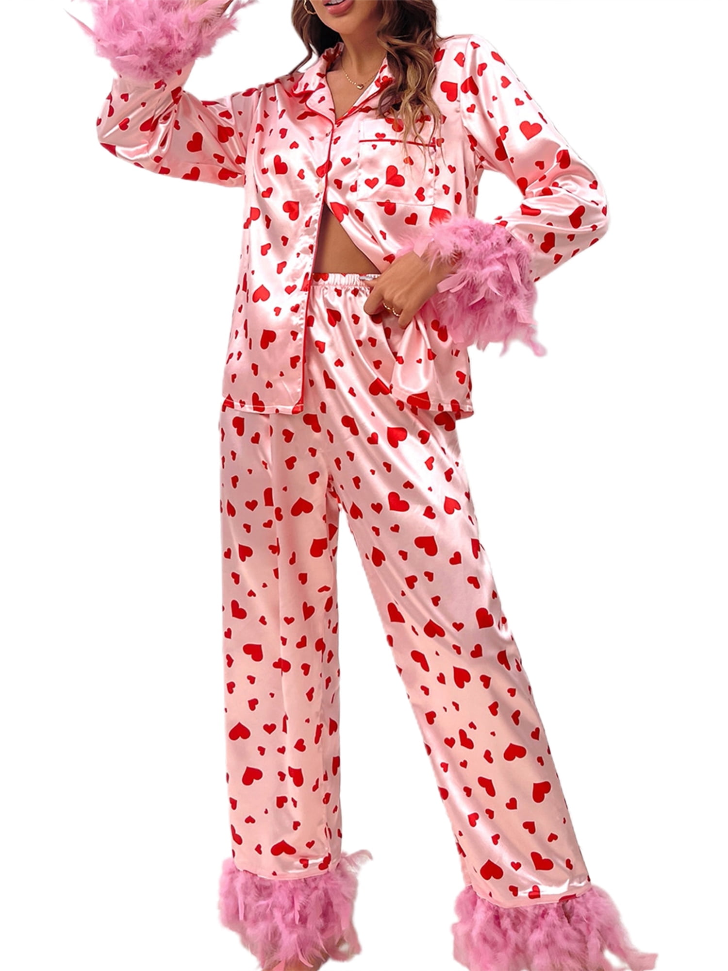 Women Valentine's Day Pajamas Set Long Sleeve Love Printed Satin PJ ...