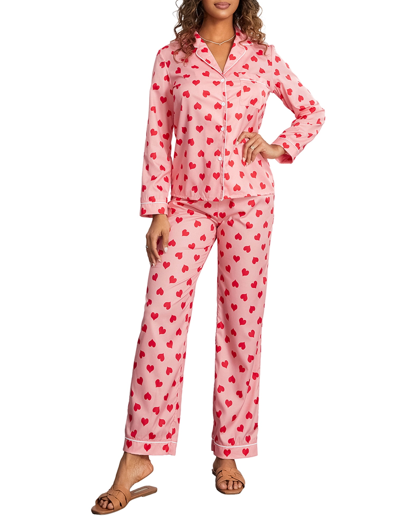 Women Valentine's Day Pajamas Set Long Sleeve Love Printed Satin PJ ...