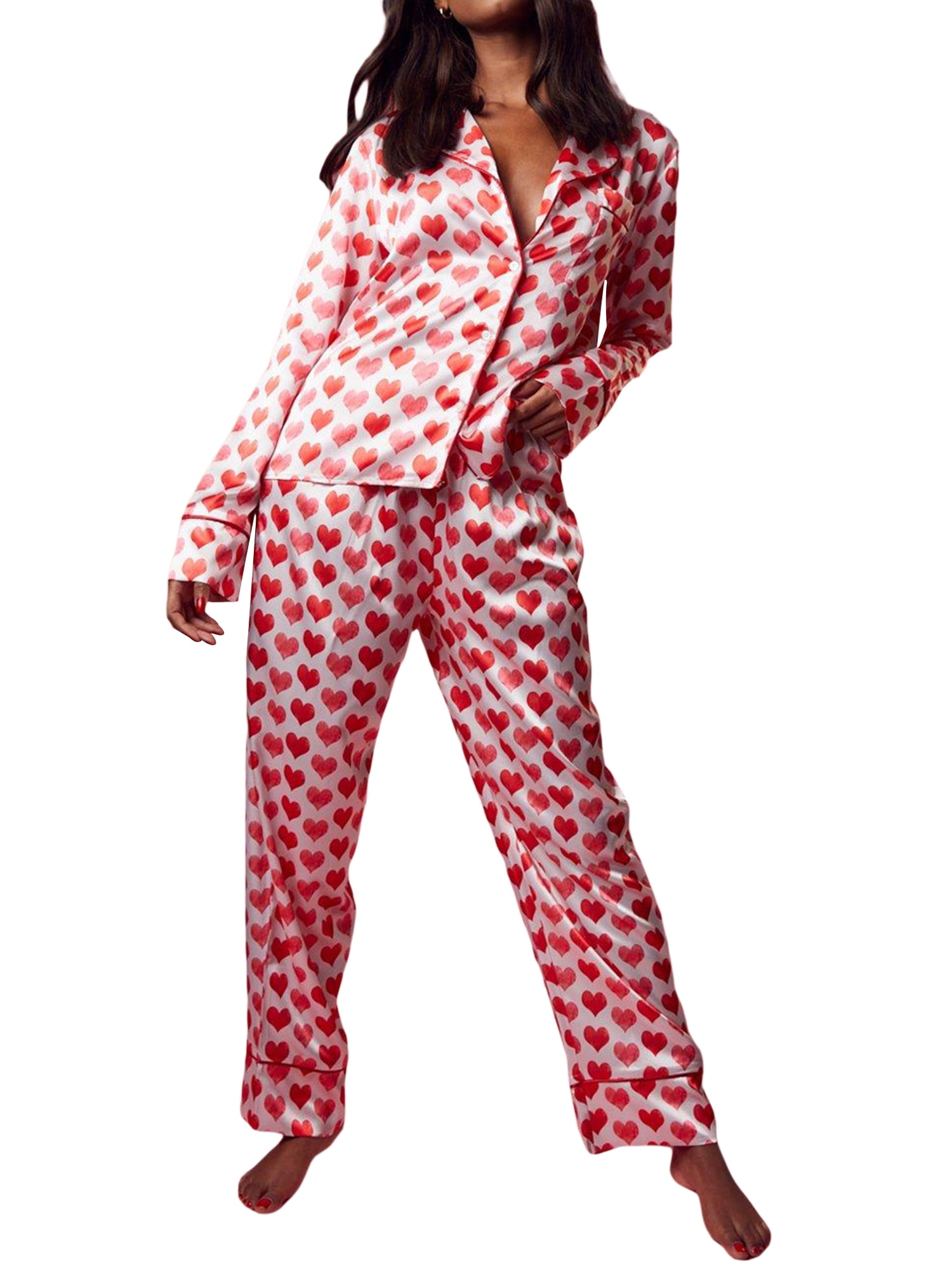 Women Valentine's Day Pajamas Set Long Sleeve Love Printed Satin PJ ...