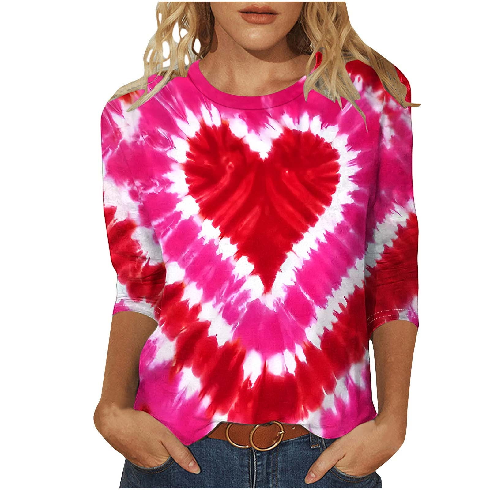 Women Valentine's Day Tee Shirt Tie Dye Heart Graphic T Shirt Casual ...