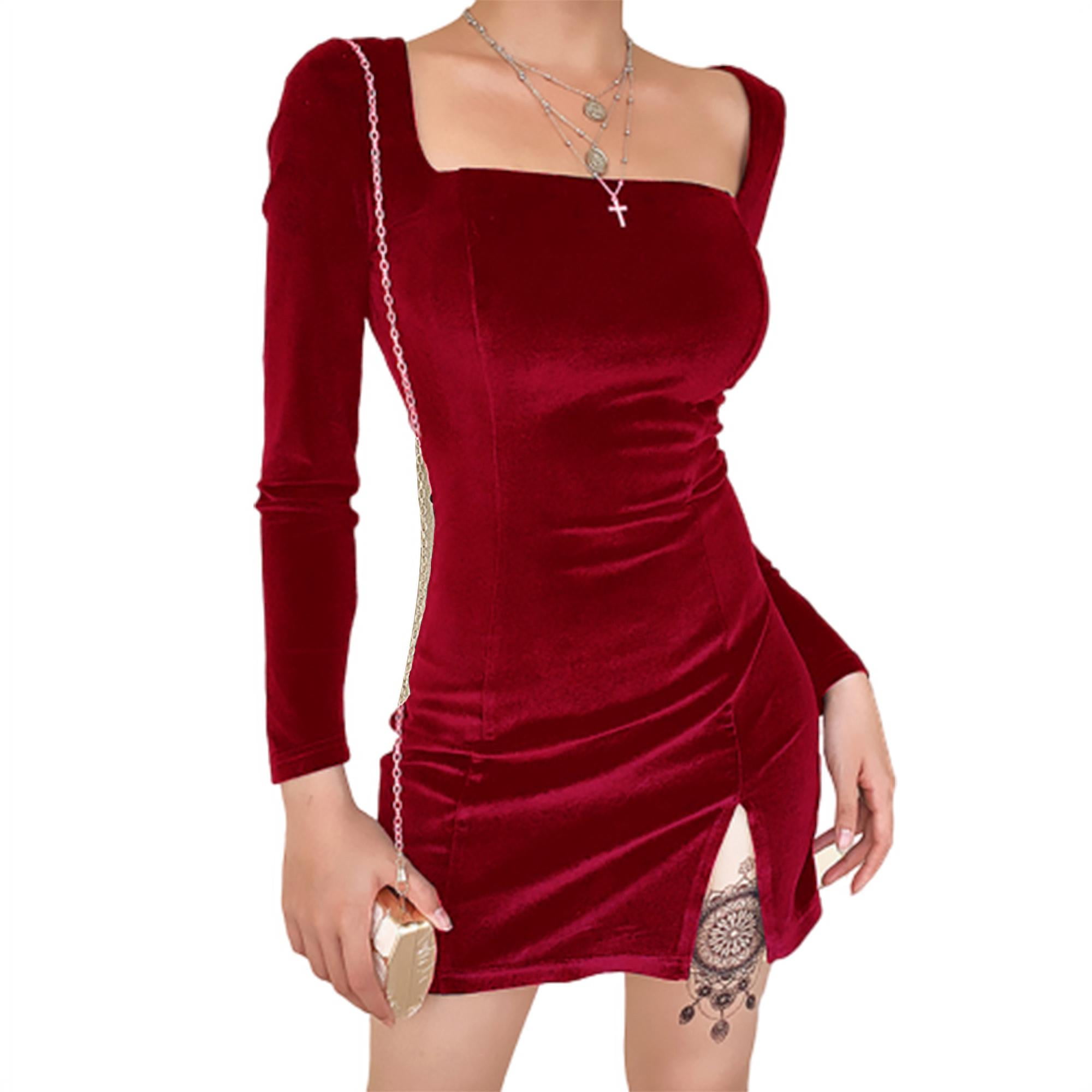 Women Velvet Bodycon Dress Long Sleeve Square Neckline Split Design ...